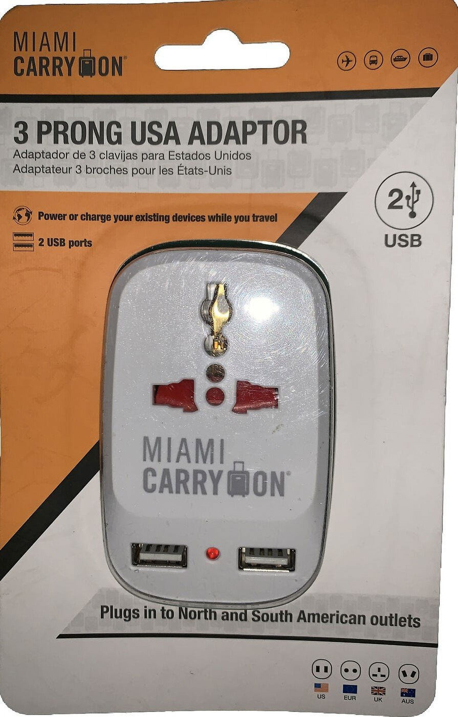 Miami Carry On 3 Prong USA Adaptor Power or Charge - 2 USB Ports ...