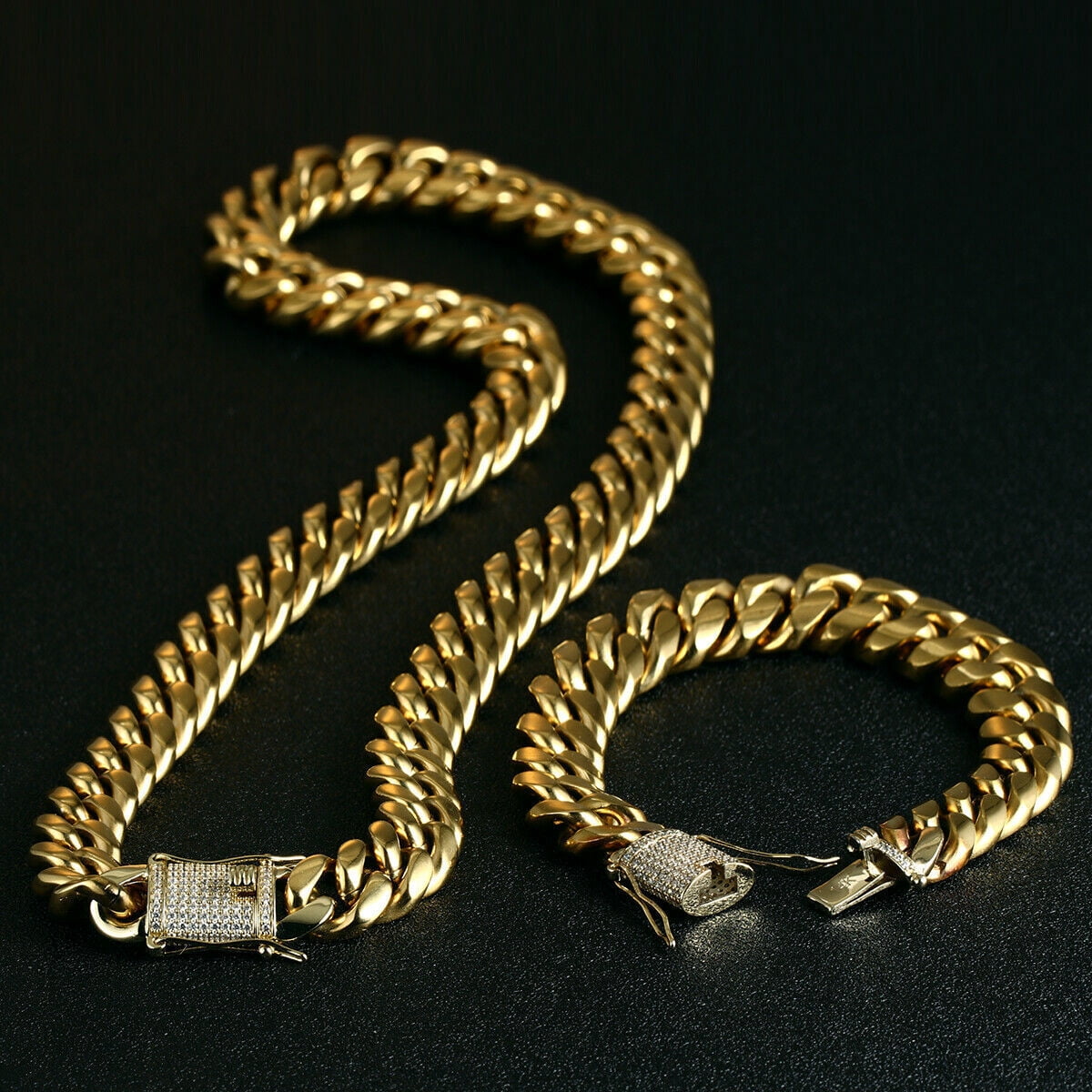 Miami Cuban Link Bracelet & Chain Set Gold Plated Stainless Steel with ...