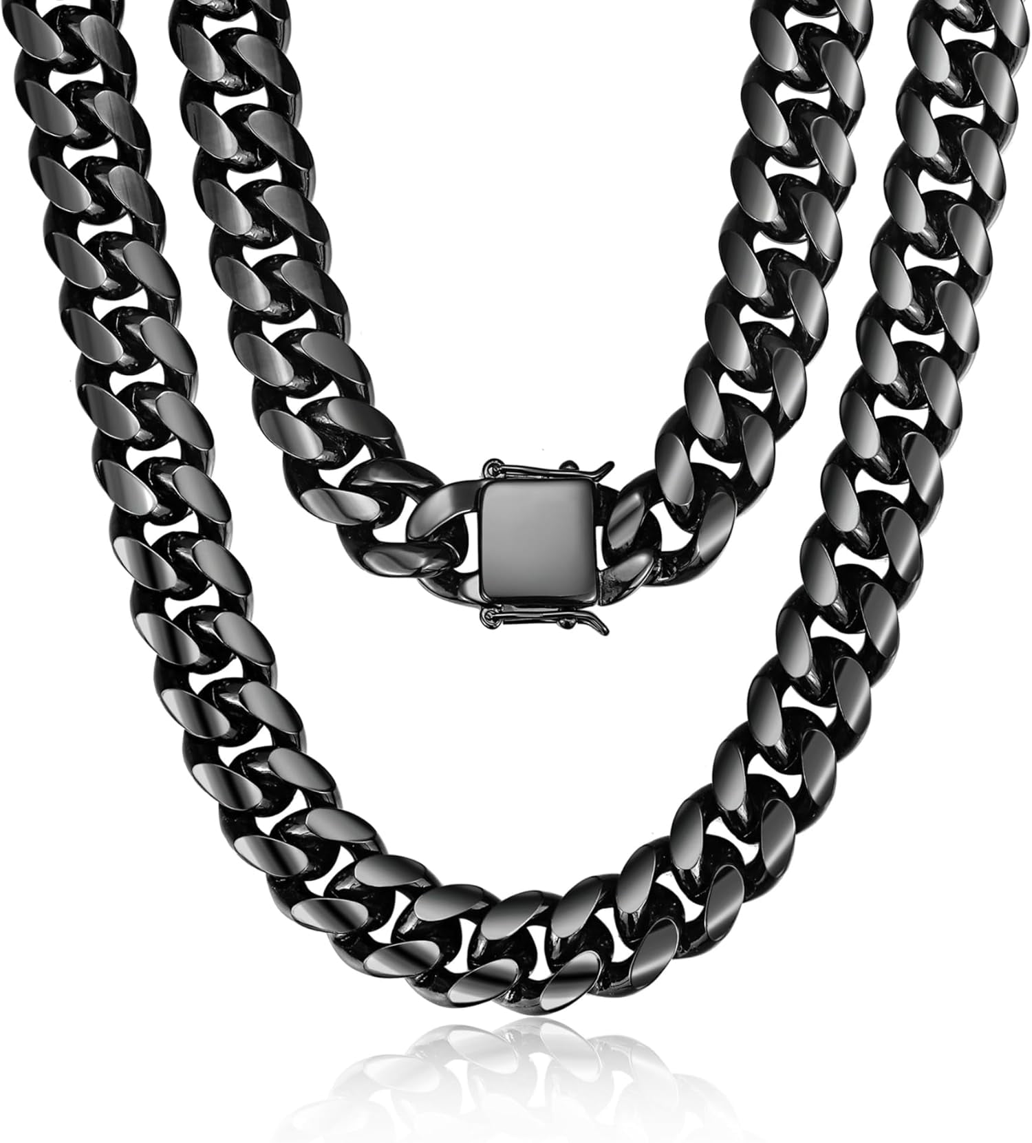 Miami Cuban Link Chain for Men 15mm Black Stainless Steel Curb Necklace ...