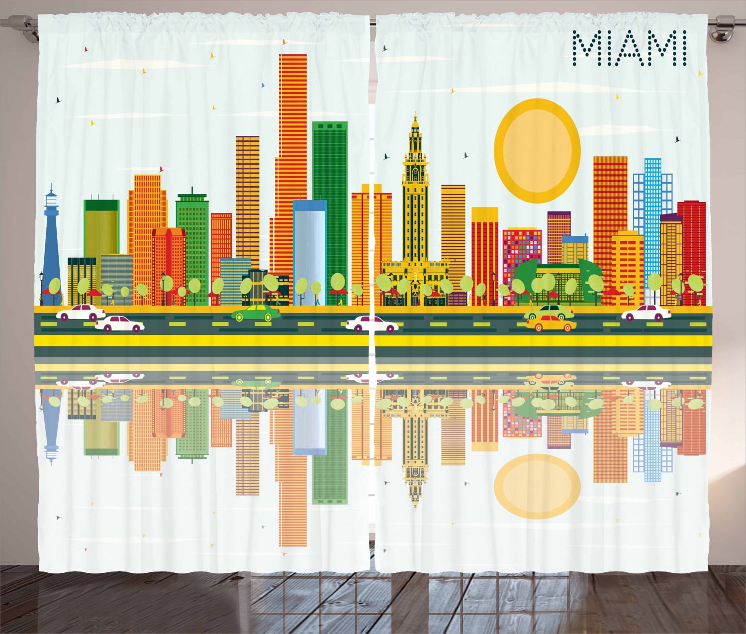 Ambesonne Miami Curtains 2 Panel Set, American City Skyline, 108" x 90 ...