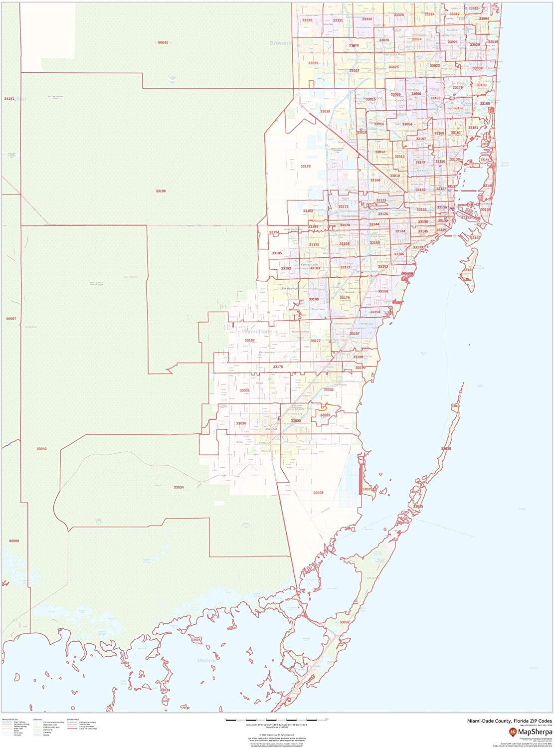 Miami-Dade County, Florida Zip Codes - 36" x 48" Wall Map (Matte ...