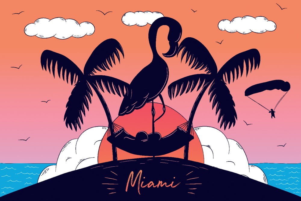 Miami, Florida, Flamingo and Island, Beach Scene (24x36 Giclee Gallery ...