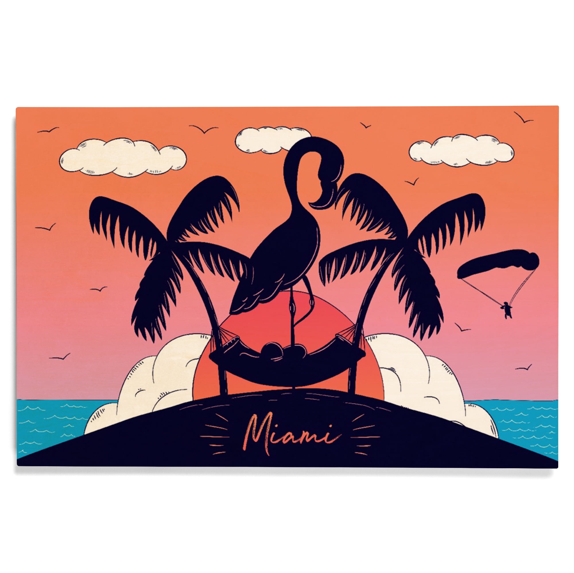Miami, Florida, Flamingo and Island, Beach Scene Birch Wood Wall Sign ...