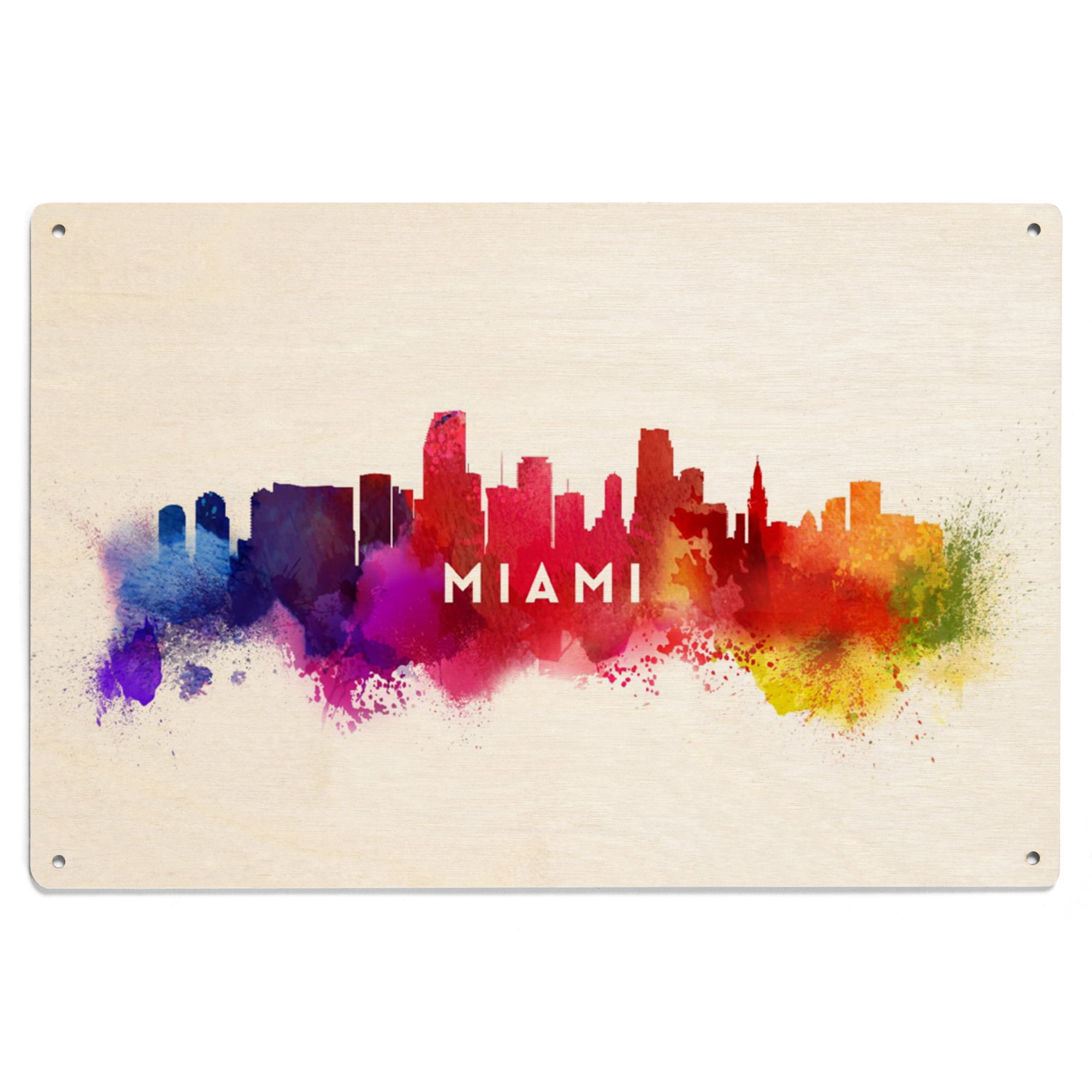 Miami, Florida, Skyline, Abstract Watercolor Birch Wood Wall Sign (6x9 ...