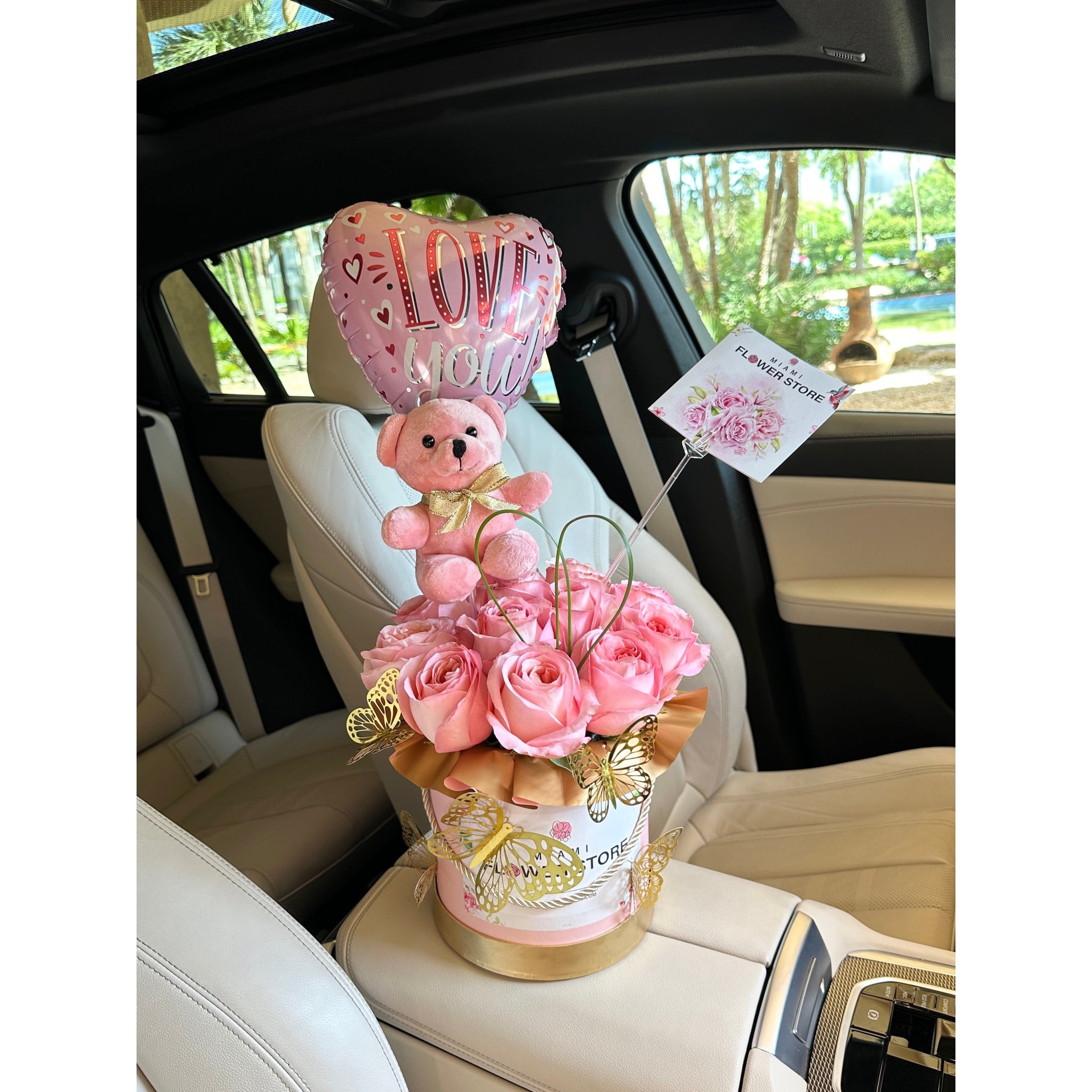 Miami Flower Store Rose Flower Bouquet in a Box with Butterflies, Bear ...