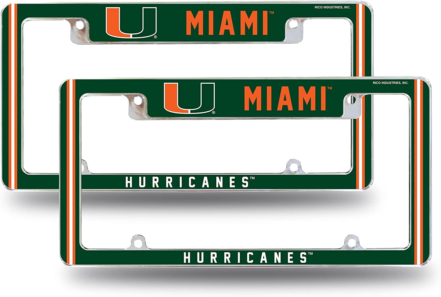 Miami NCAA Hurricanes (Set of 2) Chrome Metal License Plate Frames with Bold Full Frame Design ...