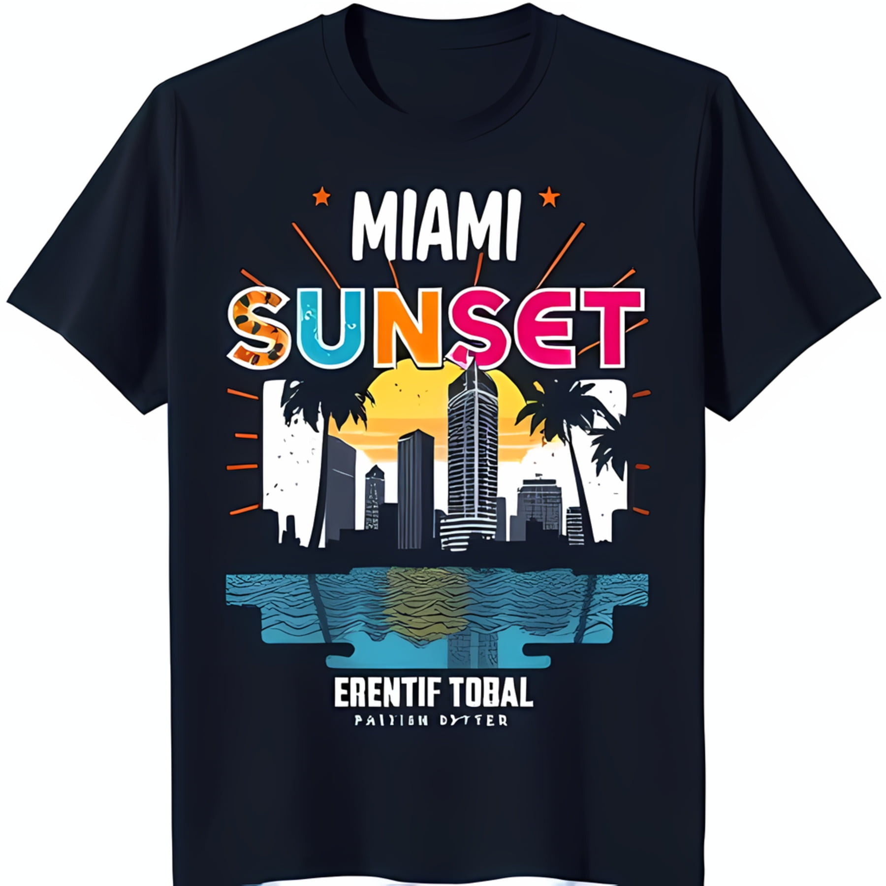 Miami Sunset Graphic T-Shirt Bold Multi Colored Design with Cityscape ...