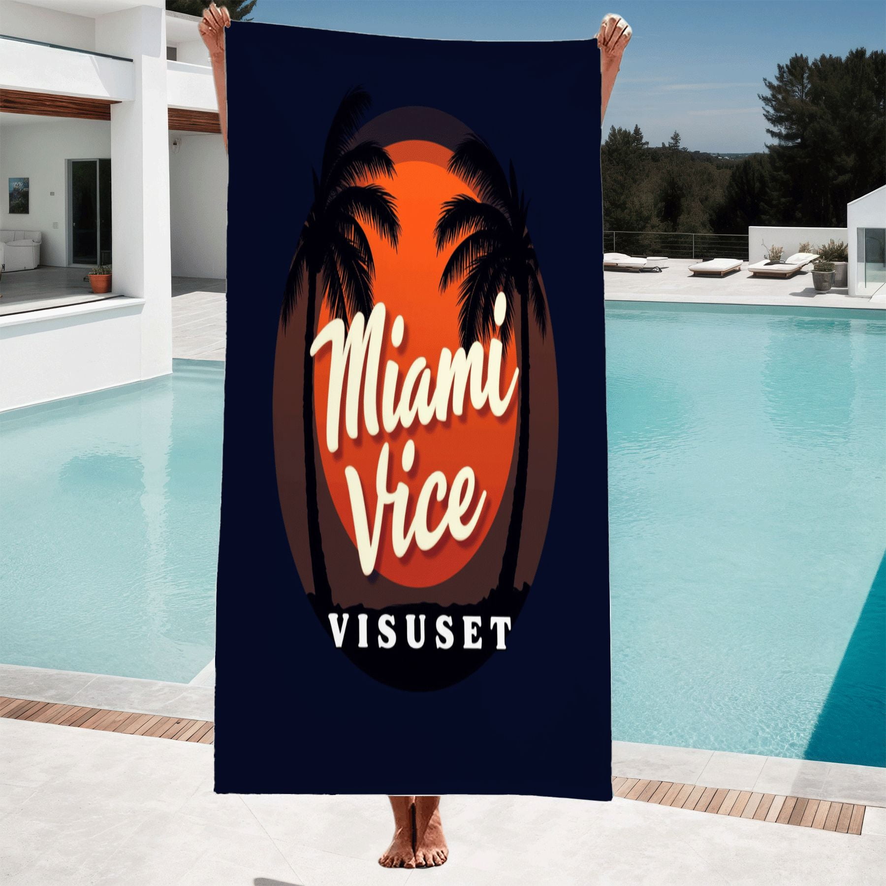 Miami Vice Inspired Beach Towel - Vibrant Cursive Silhouetted Palm ...