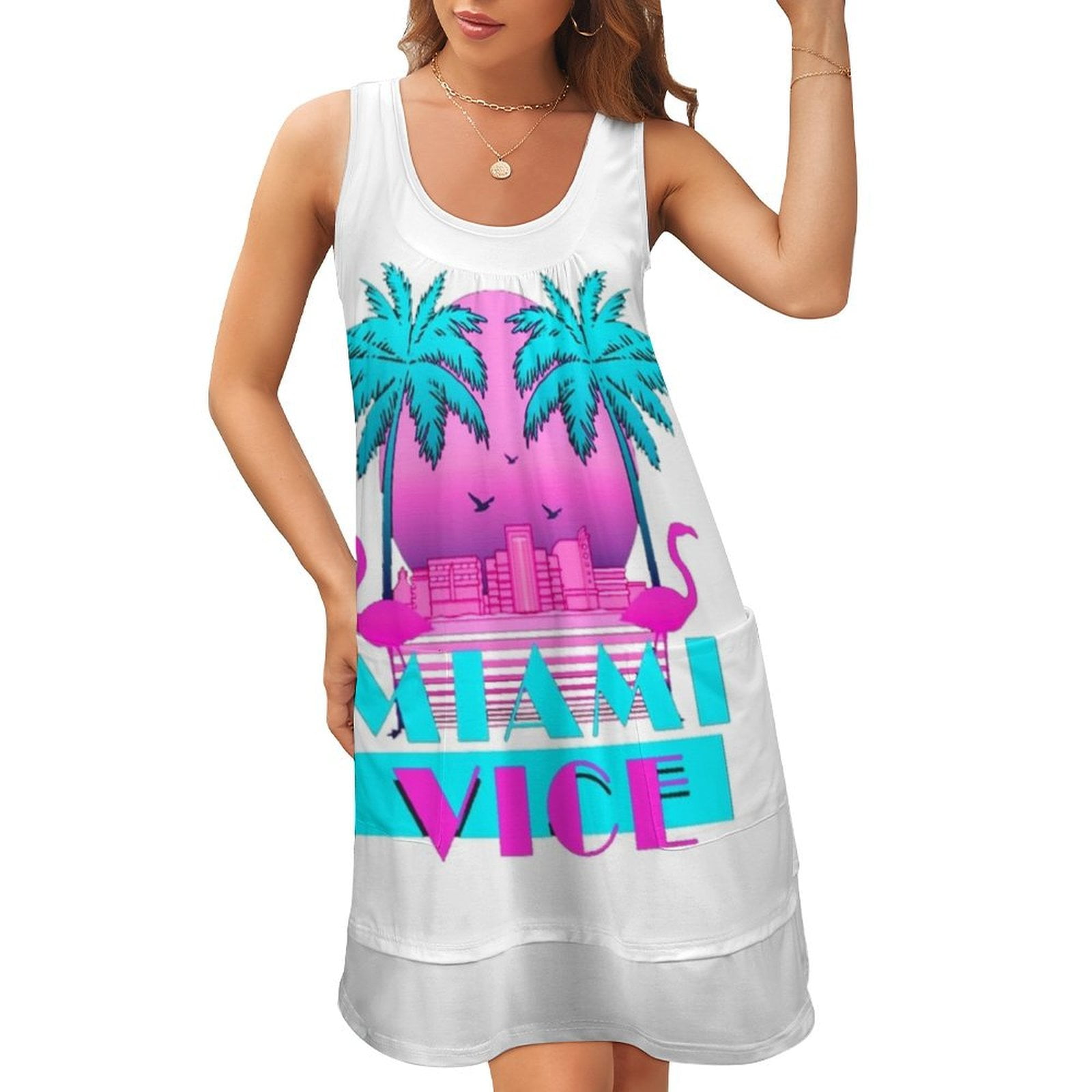 Miami Vice - Retro 80s Design Sleeveless U-Neck Fake Two Piece Dress ...