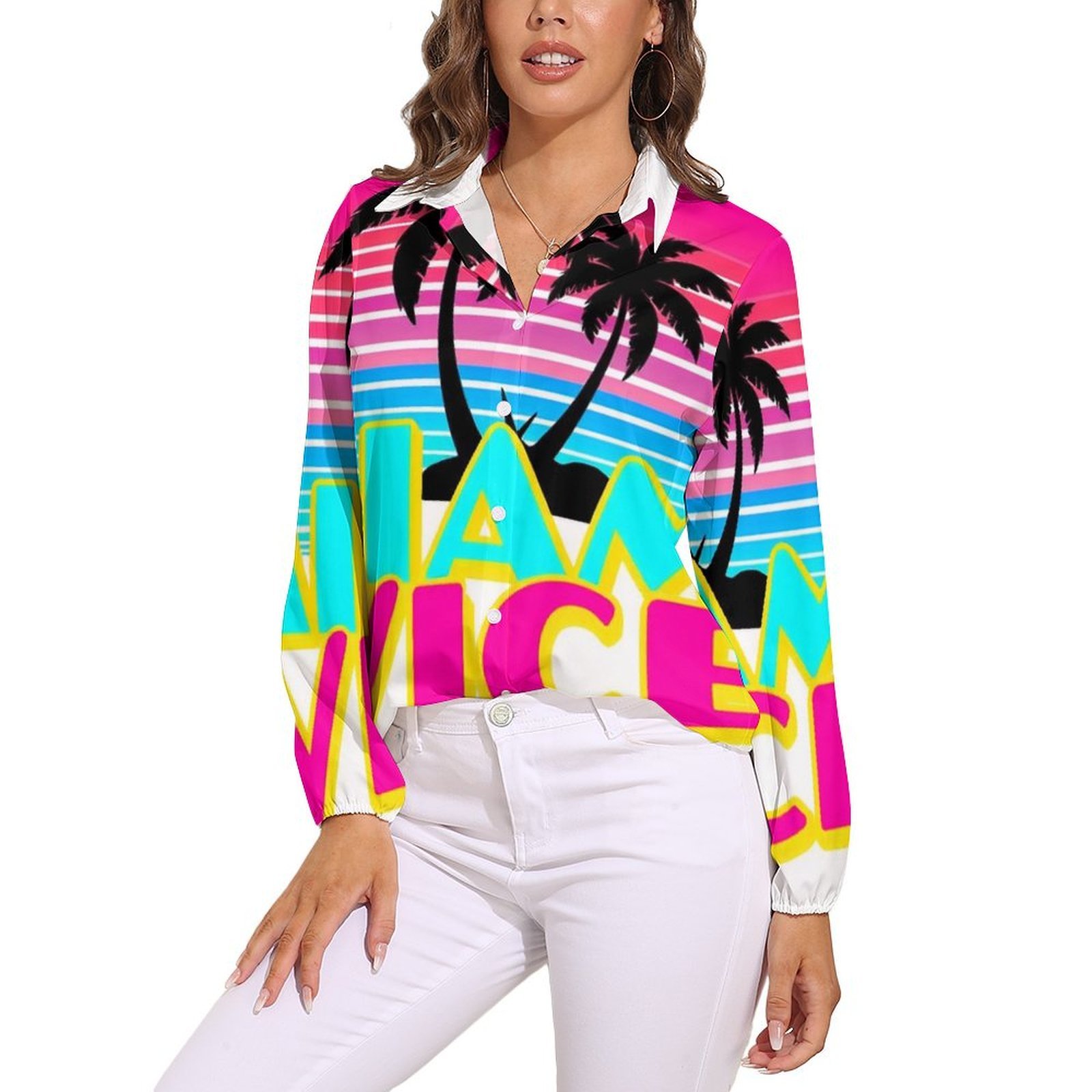 Miami Vice Retro Logo-1 Vntage Casual Long Sleeve Shirt Blouse Woman ...