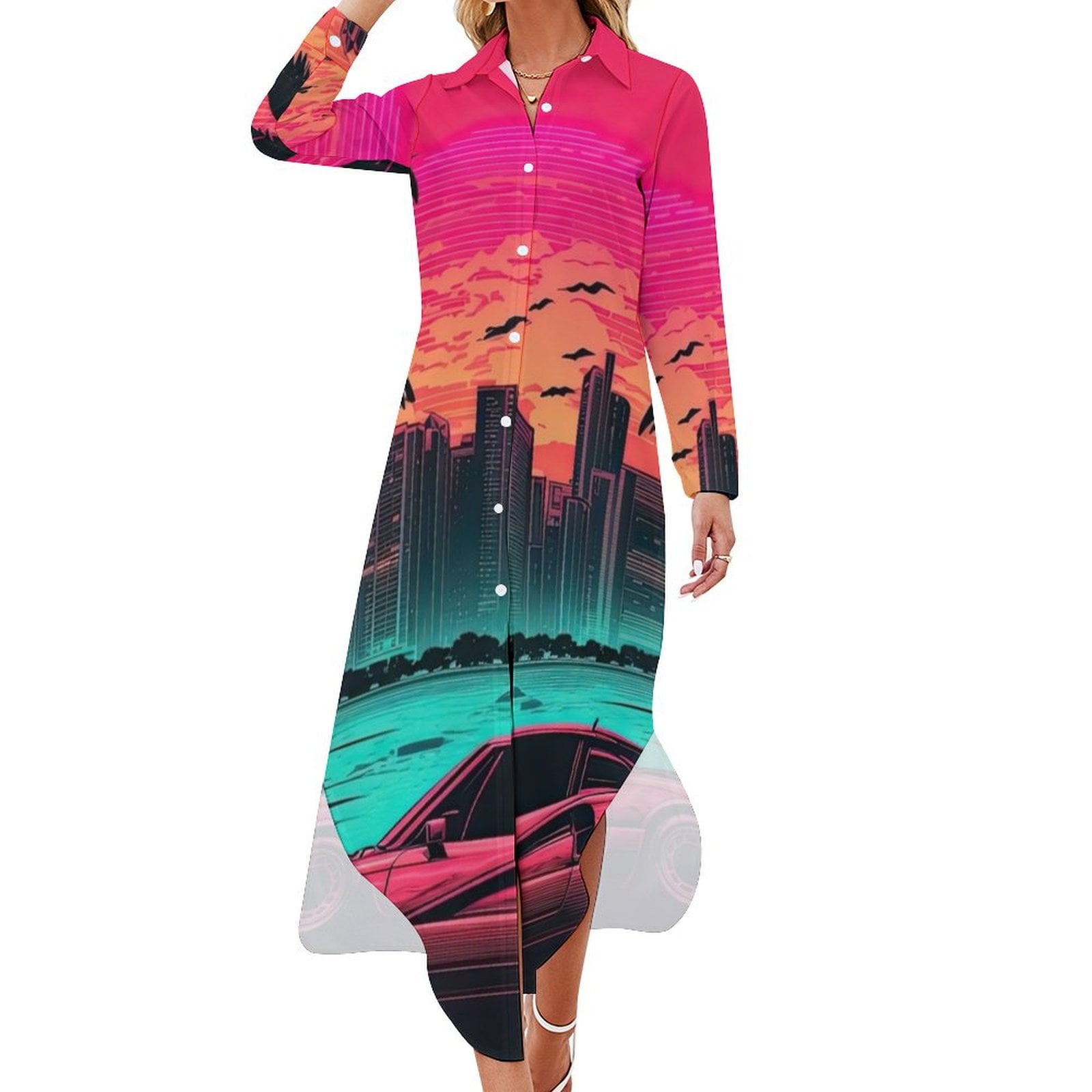 Miami Vice Retro Super Car Design -1980s Long Sleeved Shirt Dress ...