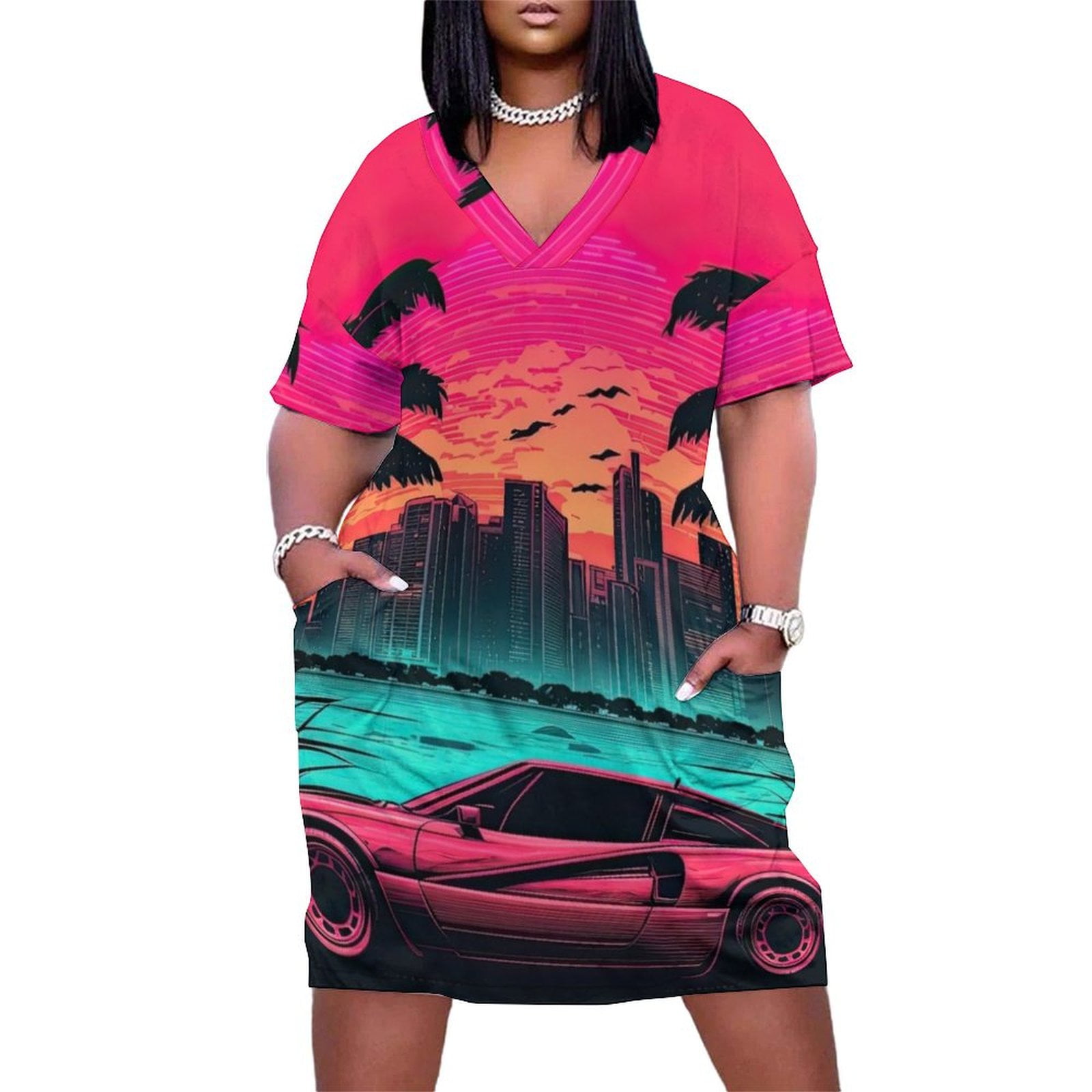 Miami Vice Retro Super Car Design -1980s Loose Pocket Dress summer ...