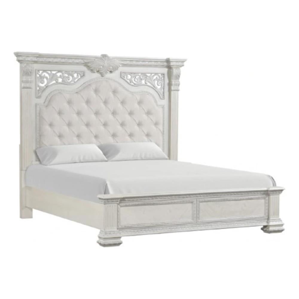 Miamy Queen Bed-Creamy White Wood-Panel Design-Silver Brushed Accents ...
