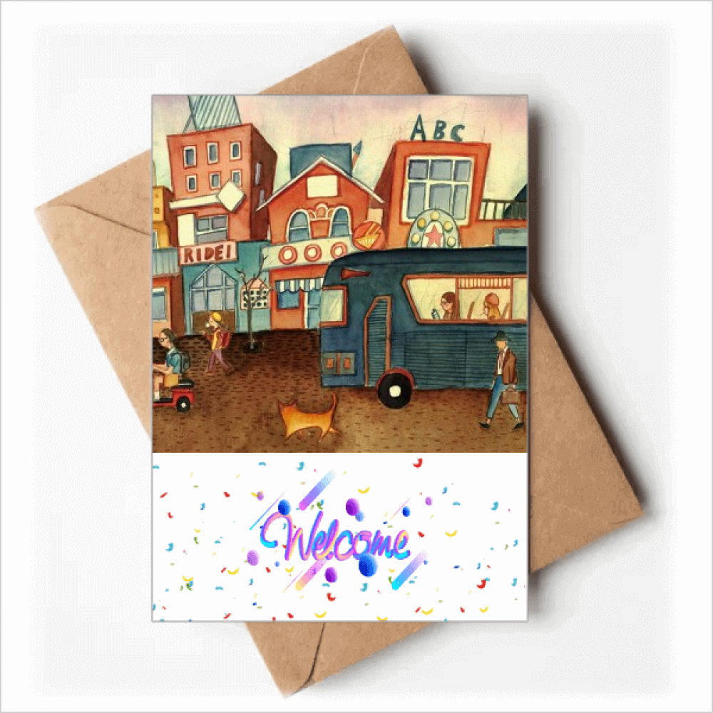 Miaoji Painting Watercolor Cat City Bus Welcome Back Greeting Cards ...