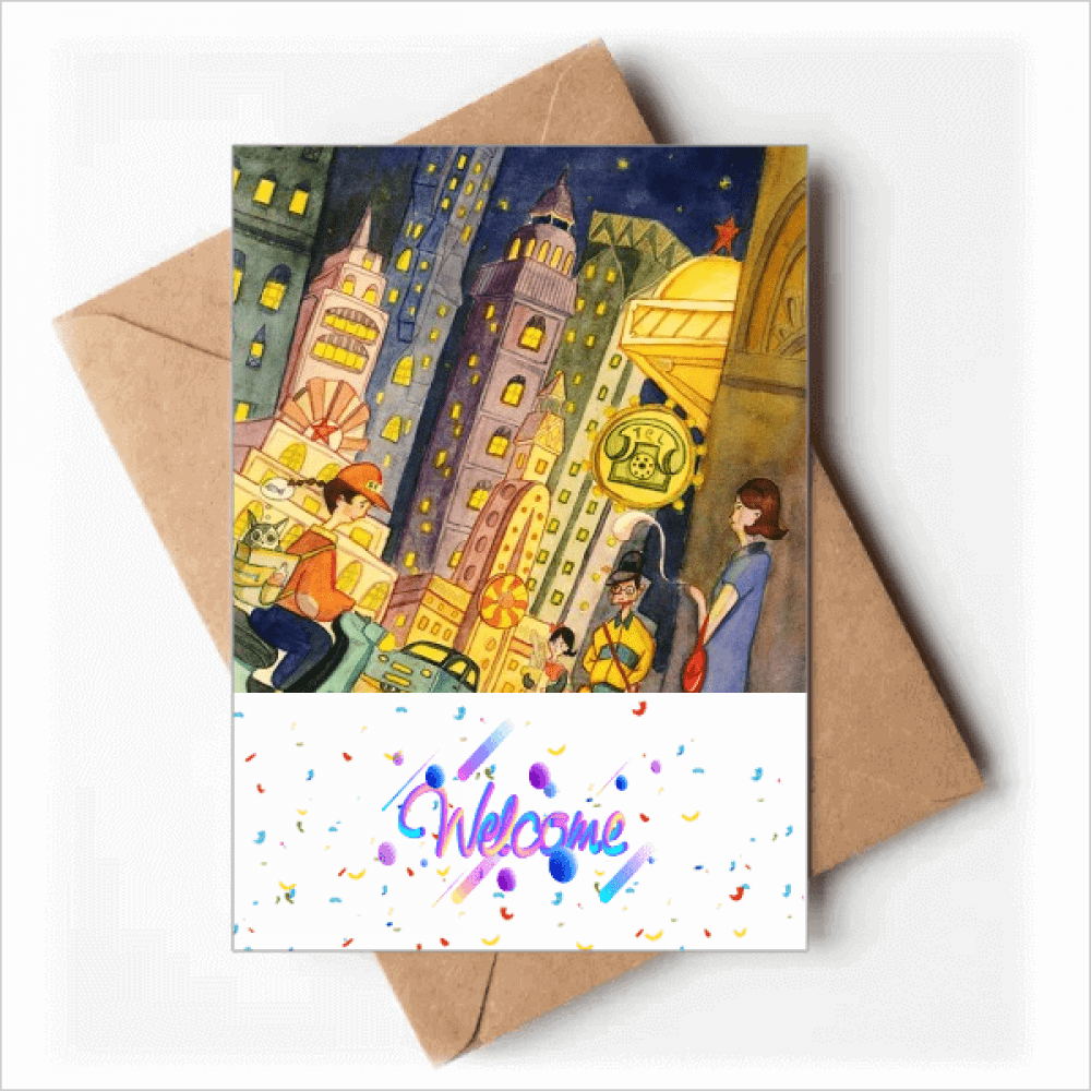 Miaoji Painting Watercolor Cat City Town Welcome Back Greeting Cards ...