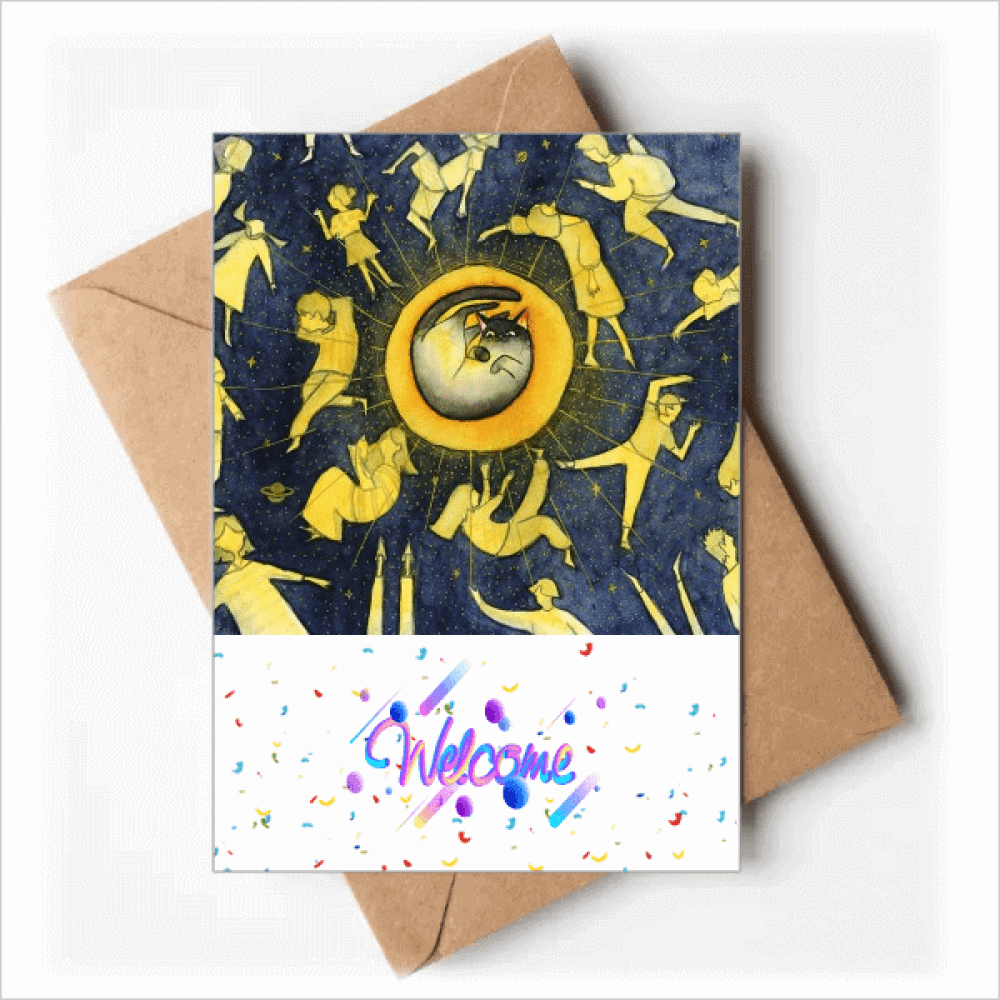 Miaoji Painting Watercolor Cat Moon People Welcome Back Greeting Cards ...
