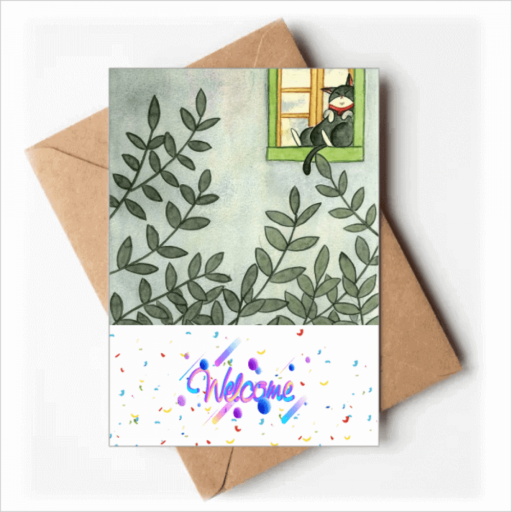 Miaoji Painting Watercolor Cat Outside Window Welcome Back Greeting ...