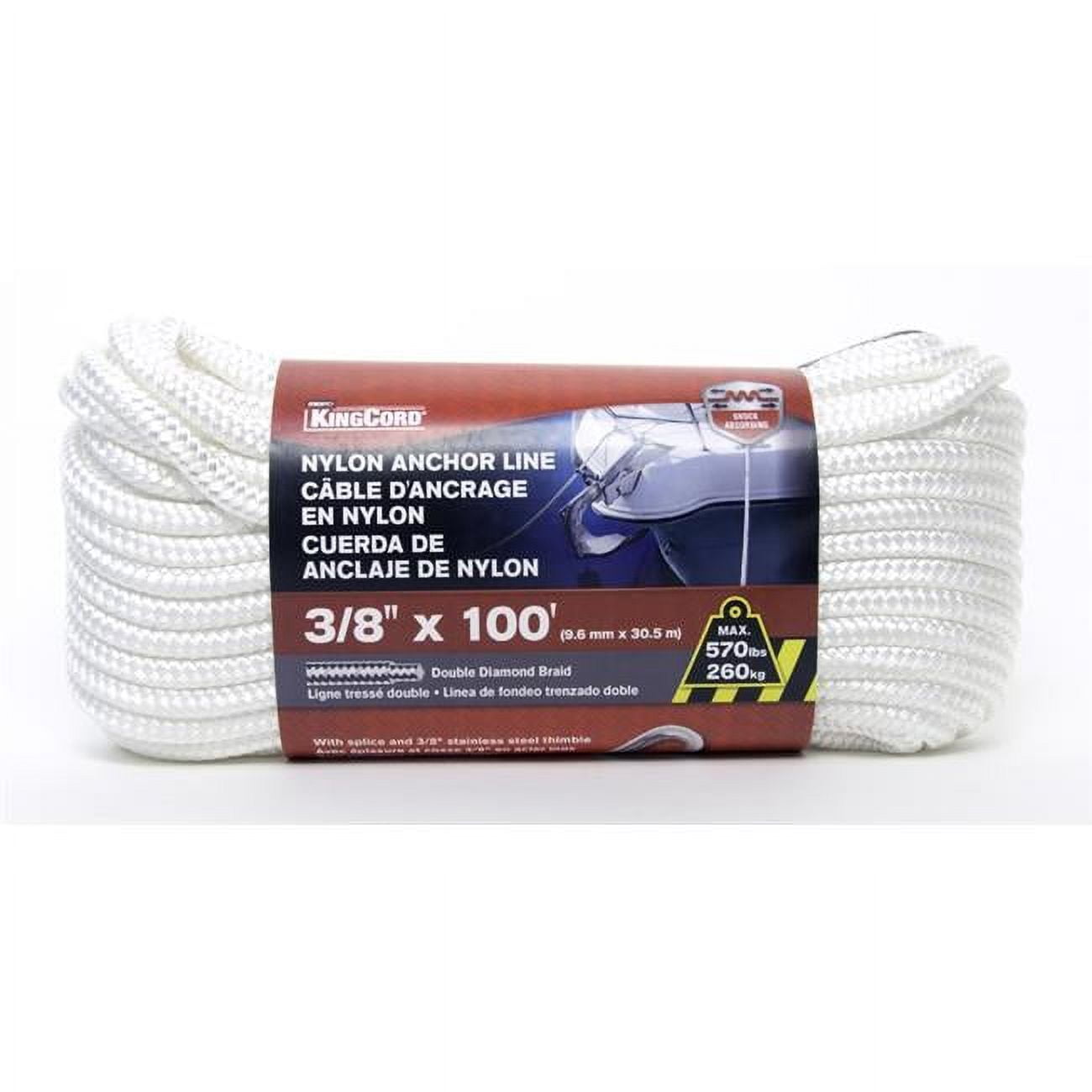 Mibro 459021BGTS 3/8in x 100ft Nylon Double Diamond Braid Marine Anchor ...
