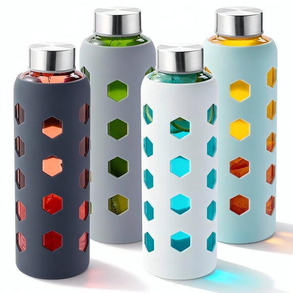 Micebay 4-Pack Reusable Clear Glass Water Bottles with Lids, 18 oz ...