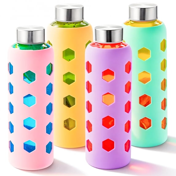 Micebay 4-Pack Reusable Clear Glass Water Bottles with Lids, 18 oz ...