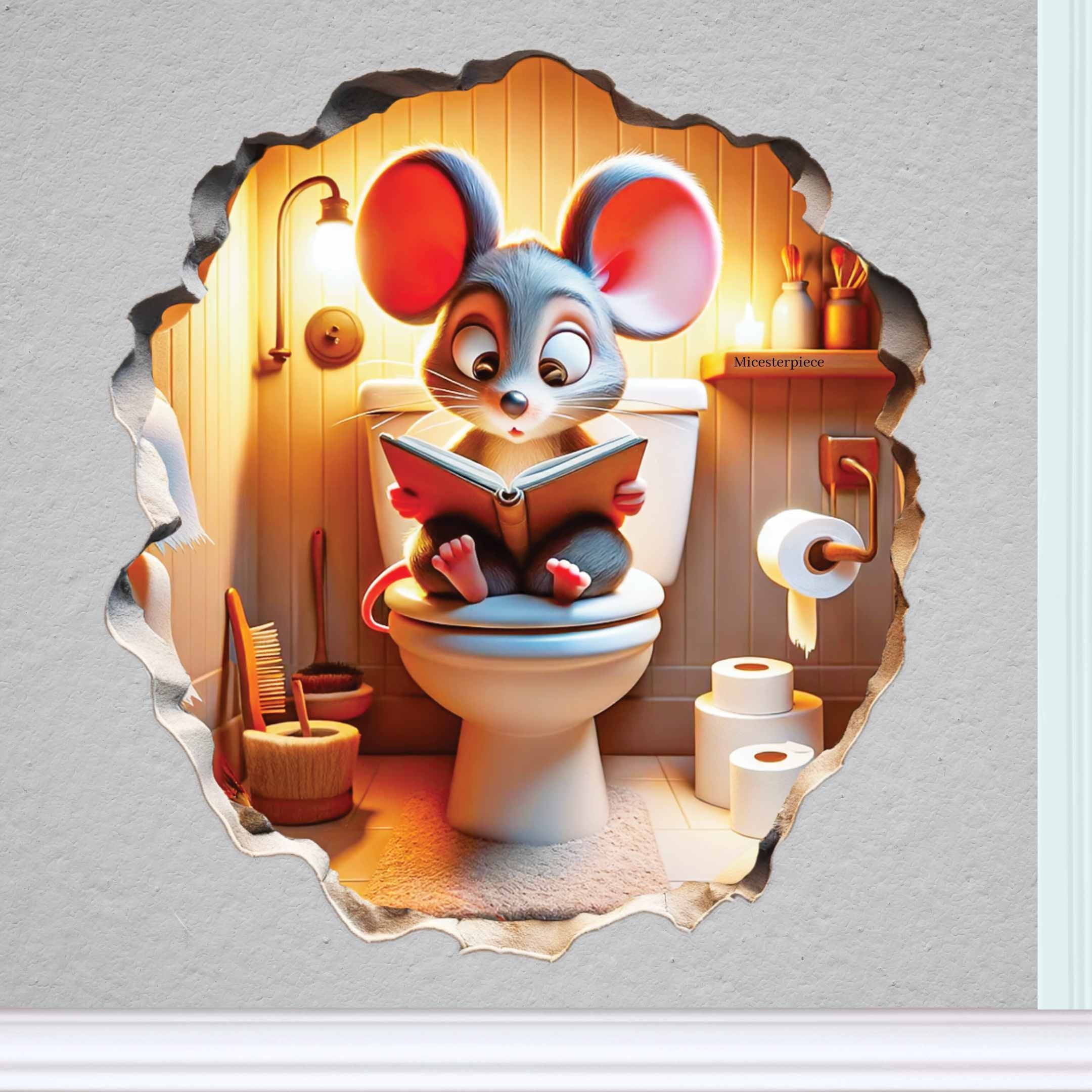 3D Mouse Sitting on Toilet - Mousehole Wall Sticker Decal - Removable ...