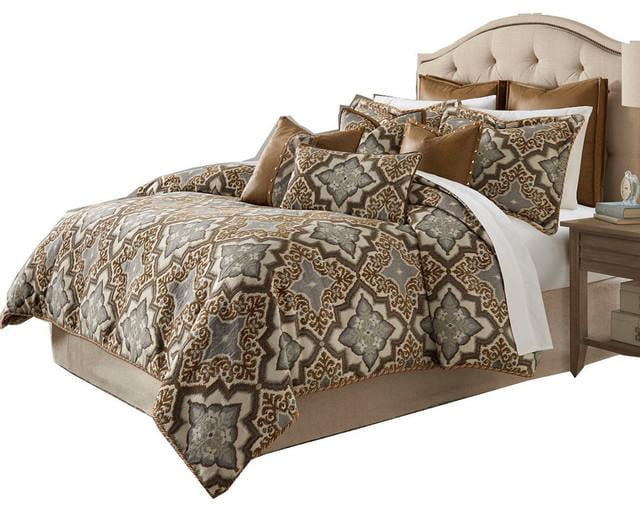 Michael Amini Oliver 9-piece Fabric Queen Comforter Set in Ivory/Gold ...