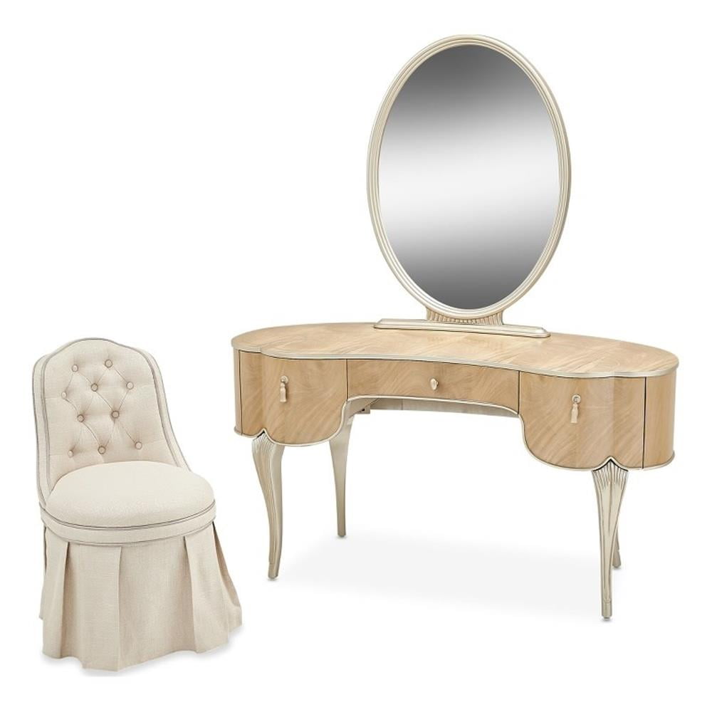 Michael Amini Villa Cherie Vanity Set with Mirror & Chair - Caramel ...