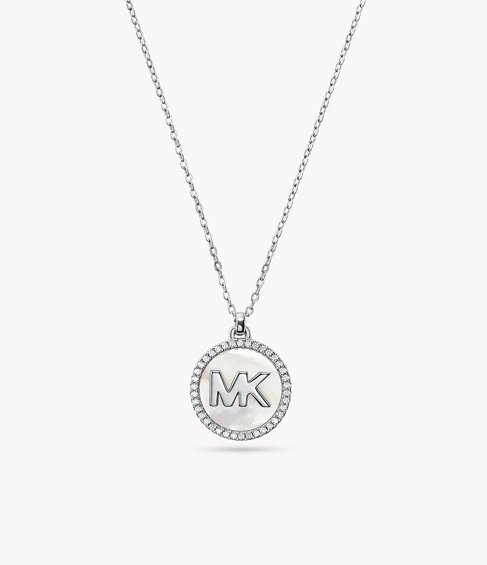 Michael Kors MK Pave and Mother of Pearl Logo Pendant Necklace ...
