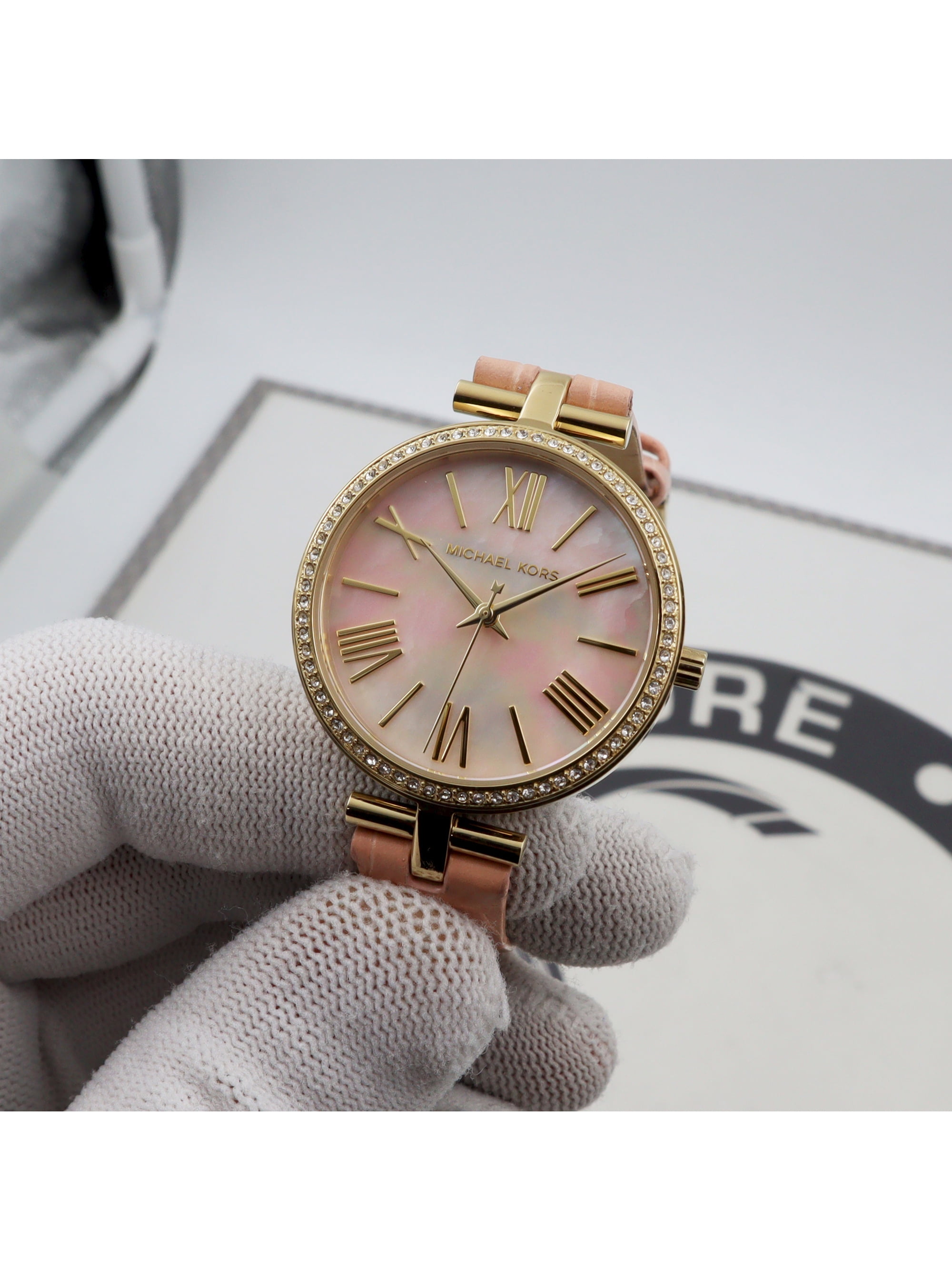 Michael Kors Maci Gold-Tone Steel Pink MOP Dial Ladies Quartz Watch ...