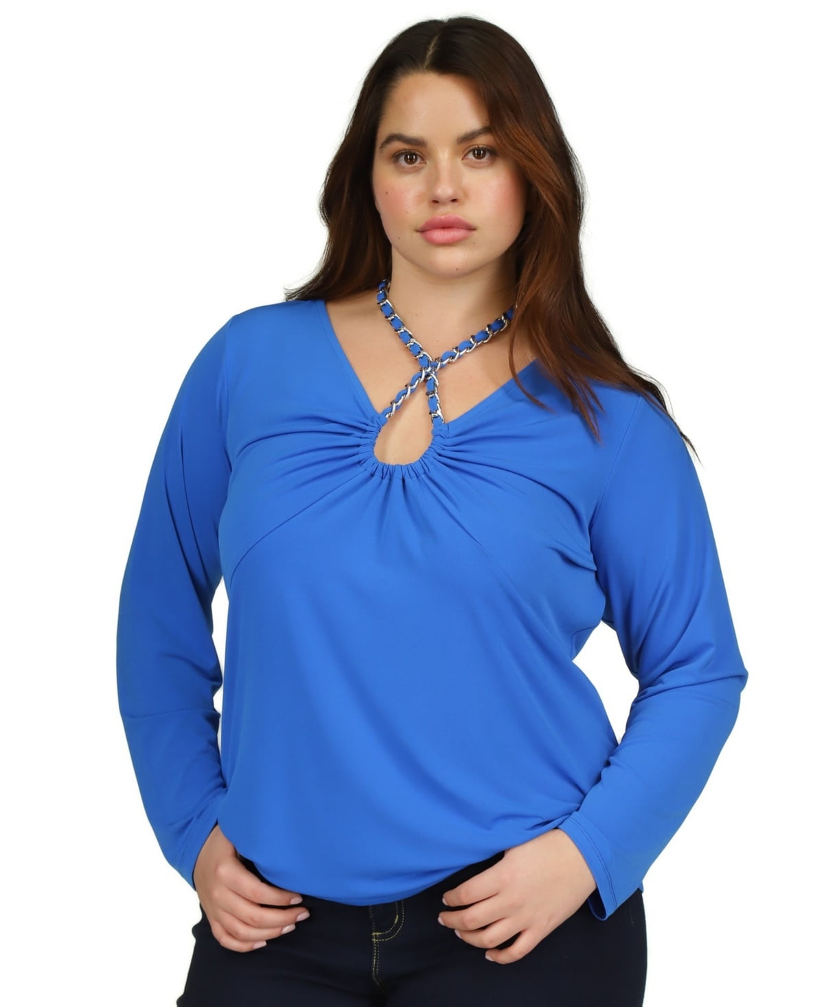 Michael Kors Plus Size Chain-Neck Long-Sleeve Top – Grecian Blue, 1X ...