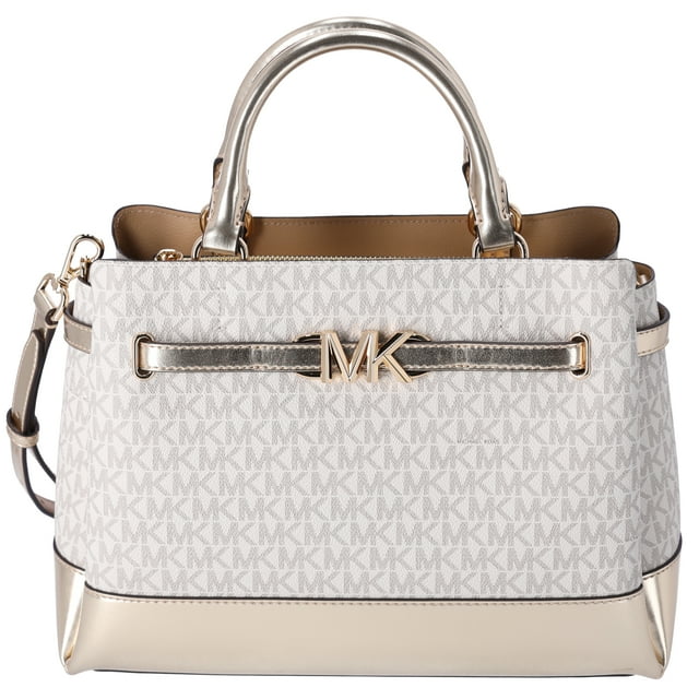 Michael Kors Reed Large Belted Satchel Vanilla MK Signature Pale Gold ...
