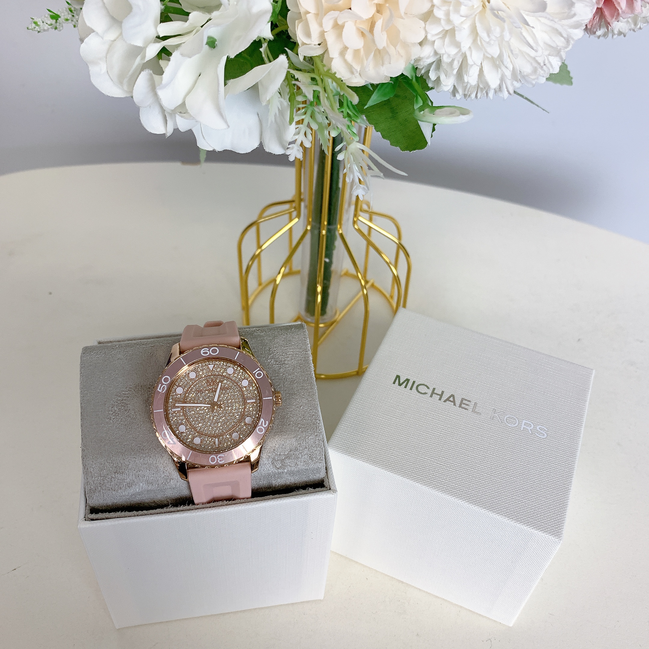 Michael Kors Mini Slim Runway 34mm Steel Rose Dial Quartz Ladies Watch ...