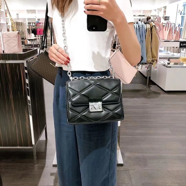 Michael Kors Medium Serena Quilted Shoulder Bag, Black, Silver Hardware ...