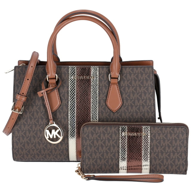 Michael Kors Sheila Medium Signature MK Metallic Satchel Brown Gold + Wallet - Walmart.com
