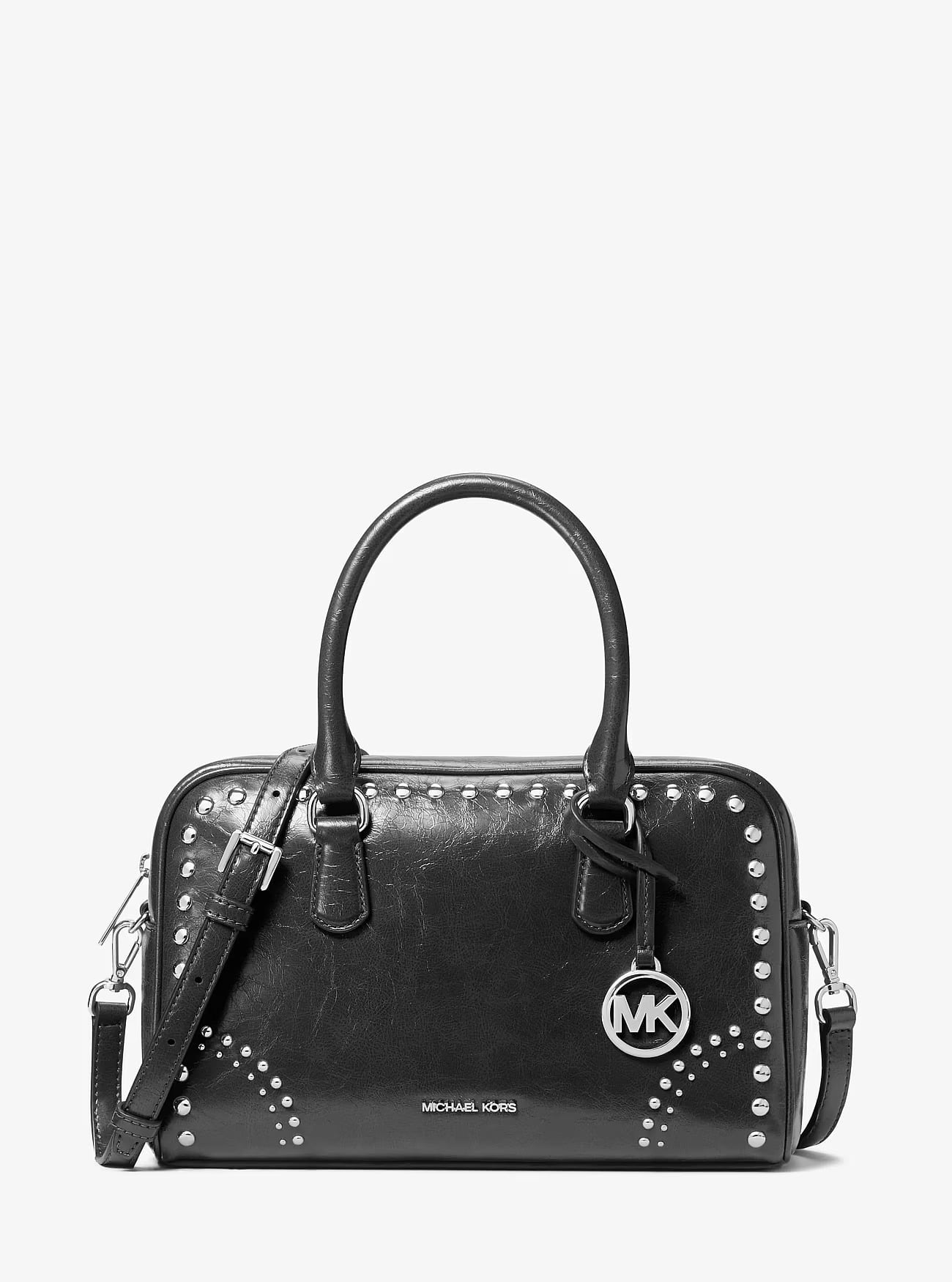 Michael Kors Thompson Medium Distressed Studded Satchel - Black ...