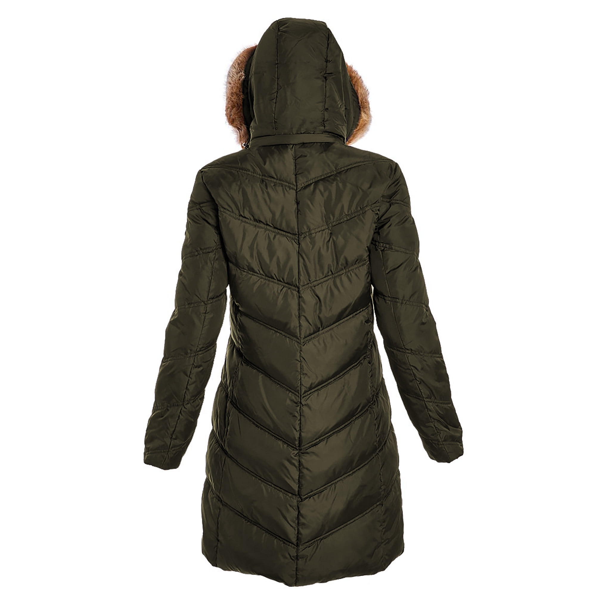 Michael Kors Women's Dark Moss Down Puffer Coat with Faux Fur Trim Hood and Side Pockets ...