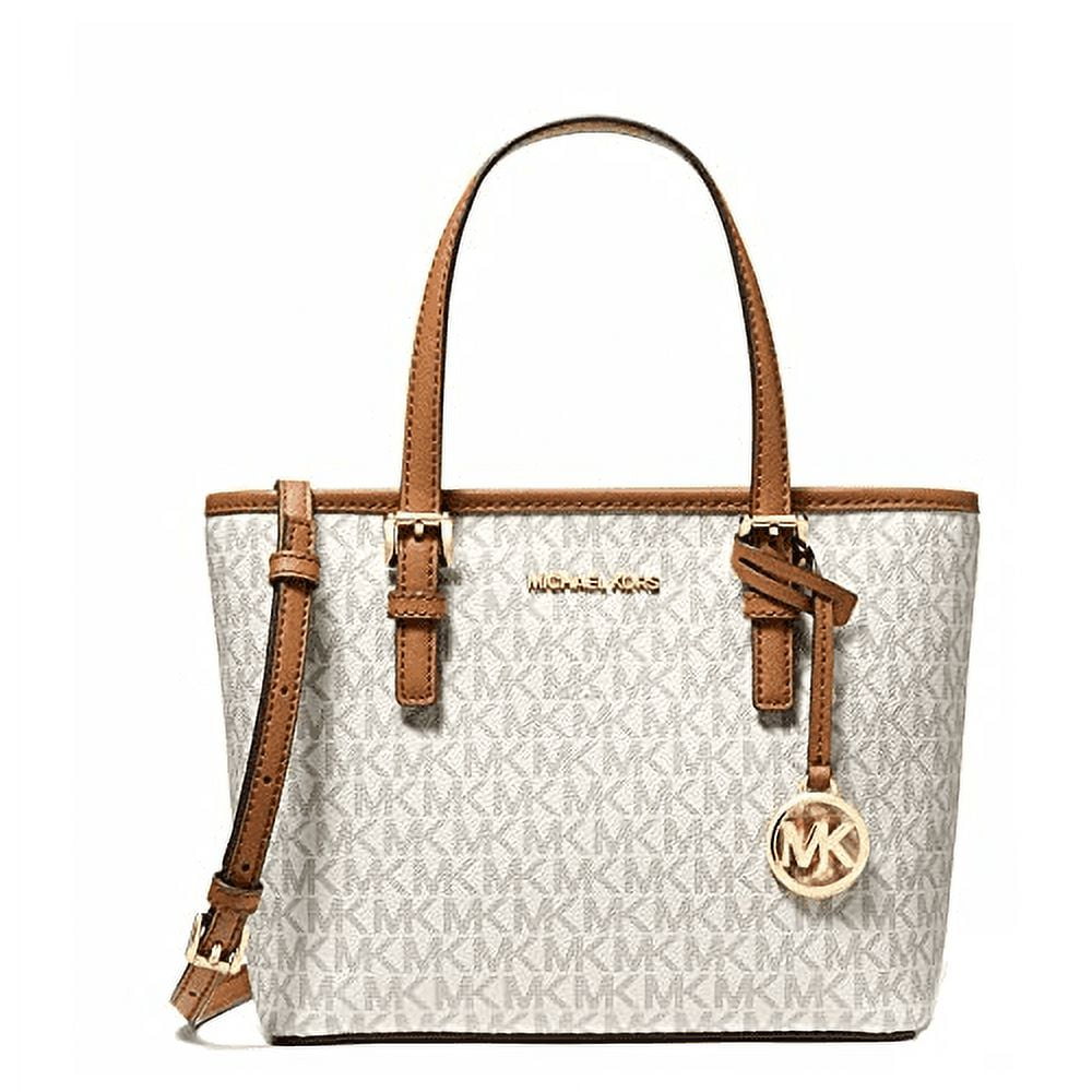 Michael Kors Women's 100% Leather MK pattern Tote Handbag, Vanilla ...