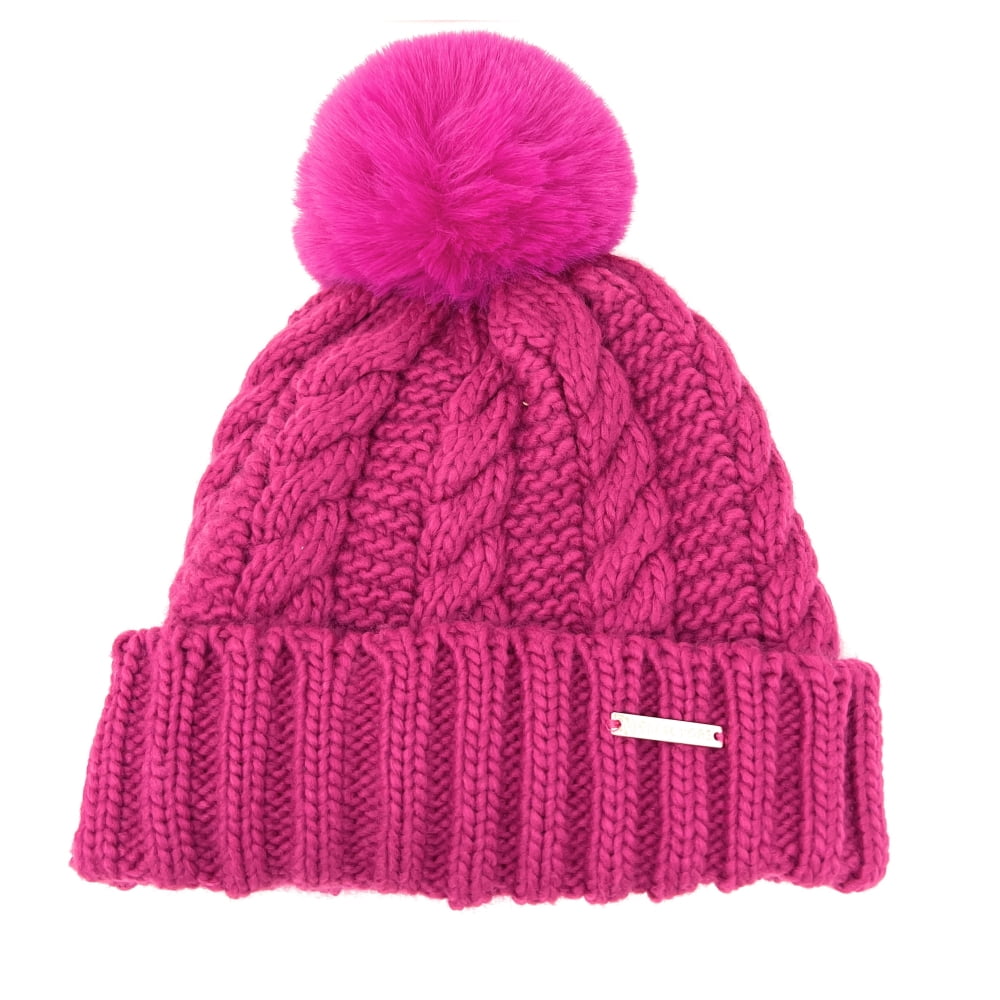 Michael Kors Women's Cable Knit Teddy Fleece Faux Fur Pom Pom Beanie ...