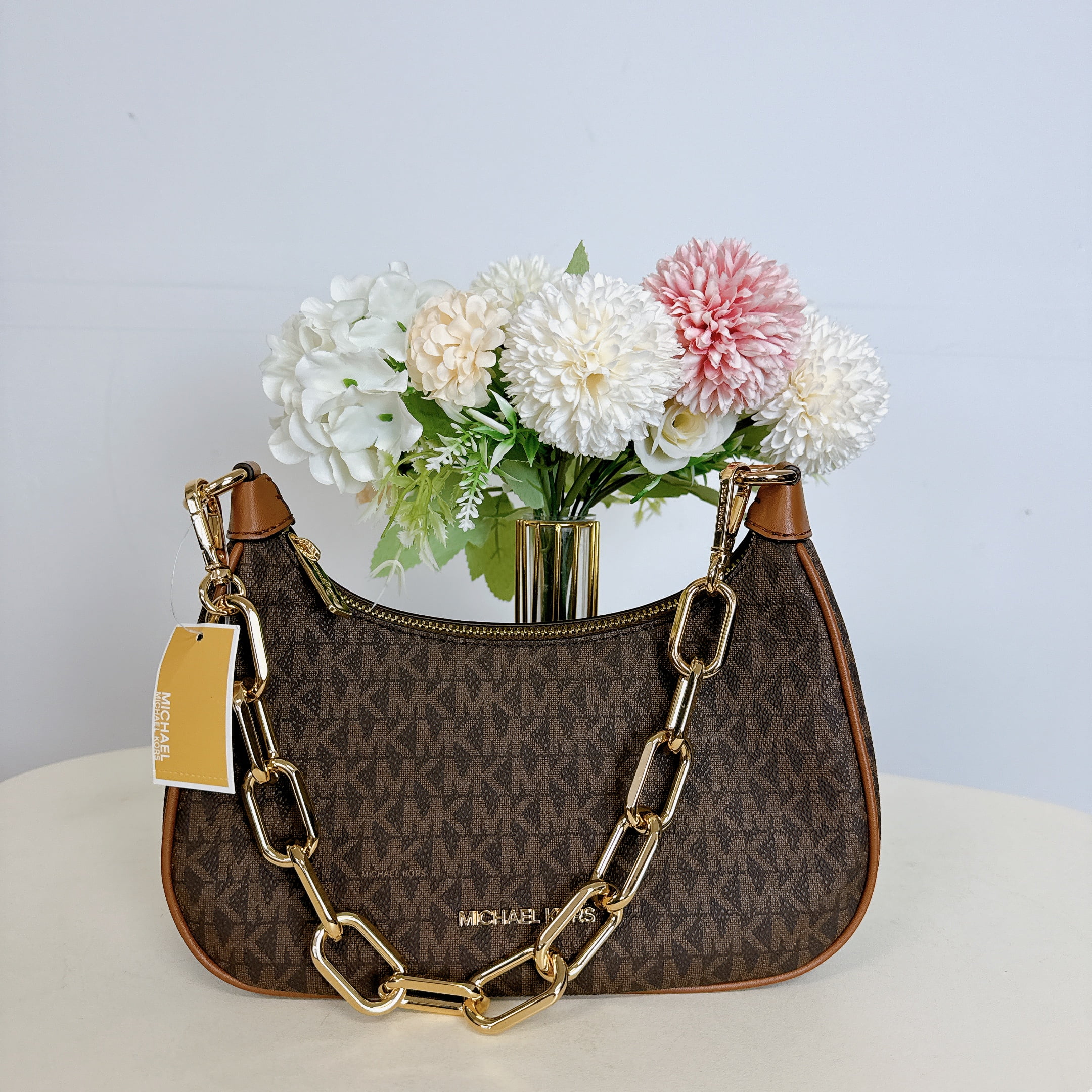Original Michael Kors Cora Medium Shoulder Handbag, Brown Zip Pouchette ...