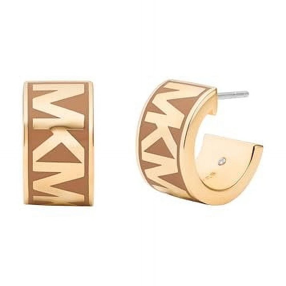 Michael Kors Women's MK Logo Brown and Gold-Tone Brass Hoop Earrings ...