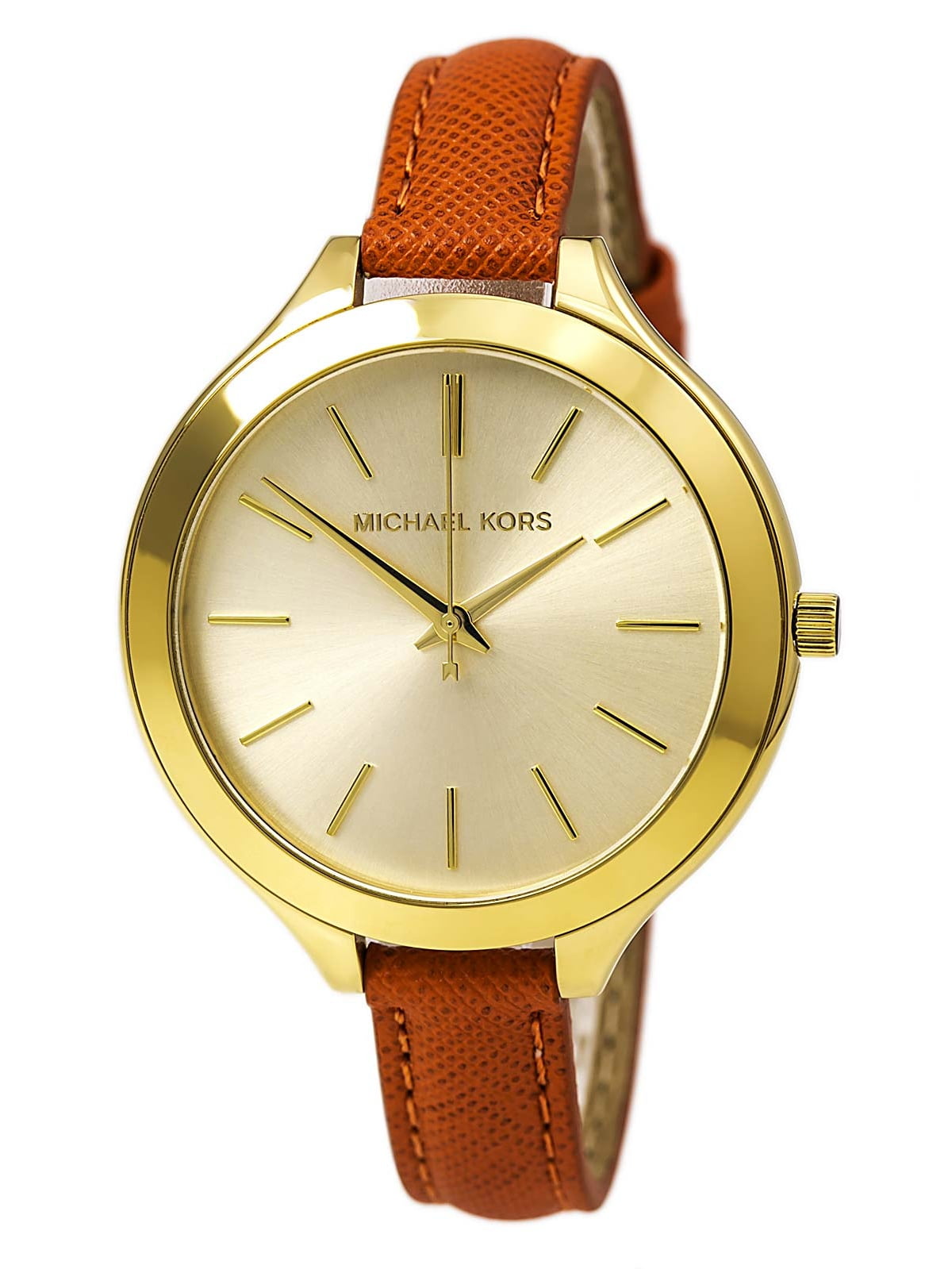Michael Kors Women's MK2275 Slim Runway Gold Tone Dial Orange Leather ...