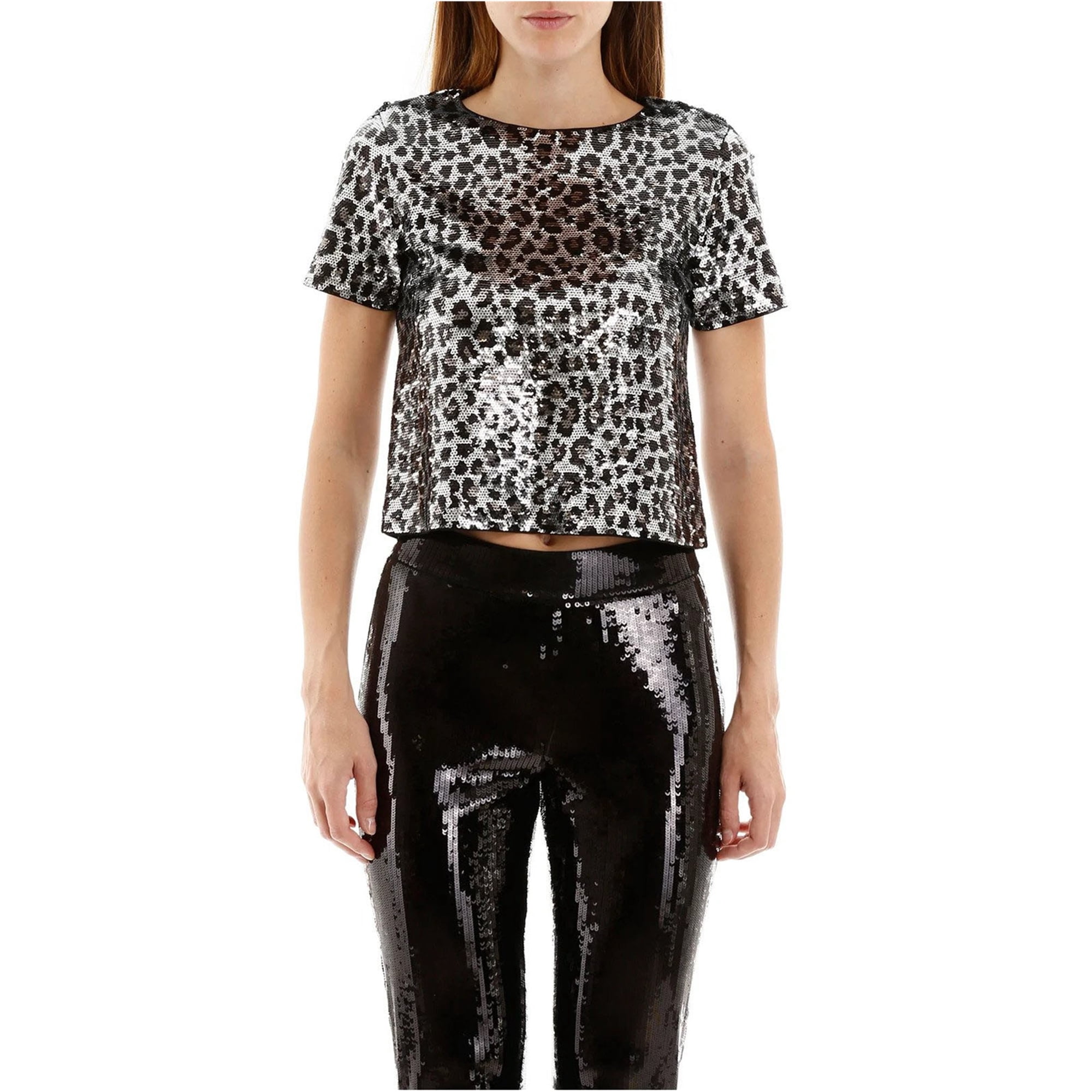 Michael Kors Womens Sequined Leopard Print Crop Top Blouse, Black ...