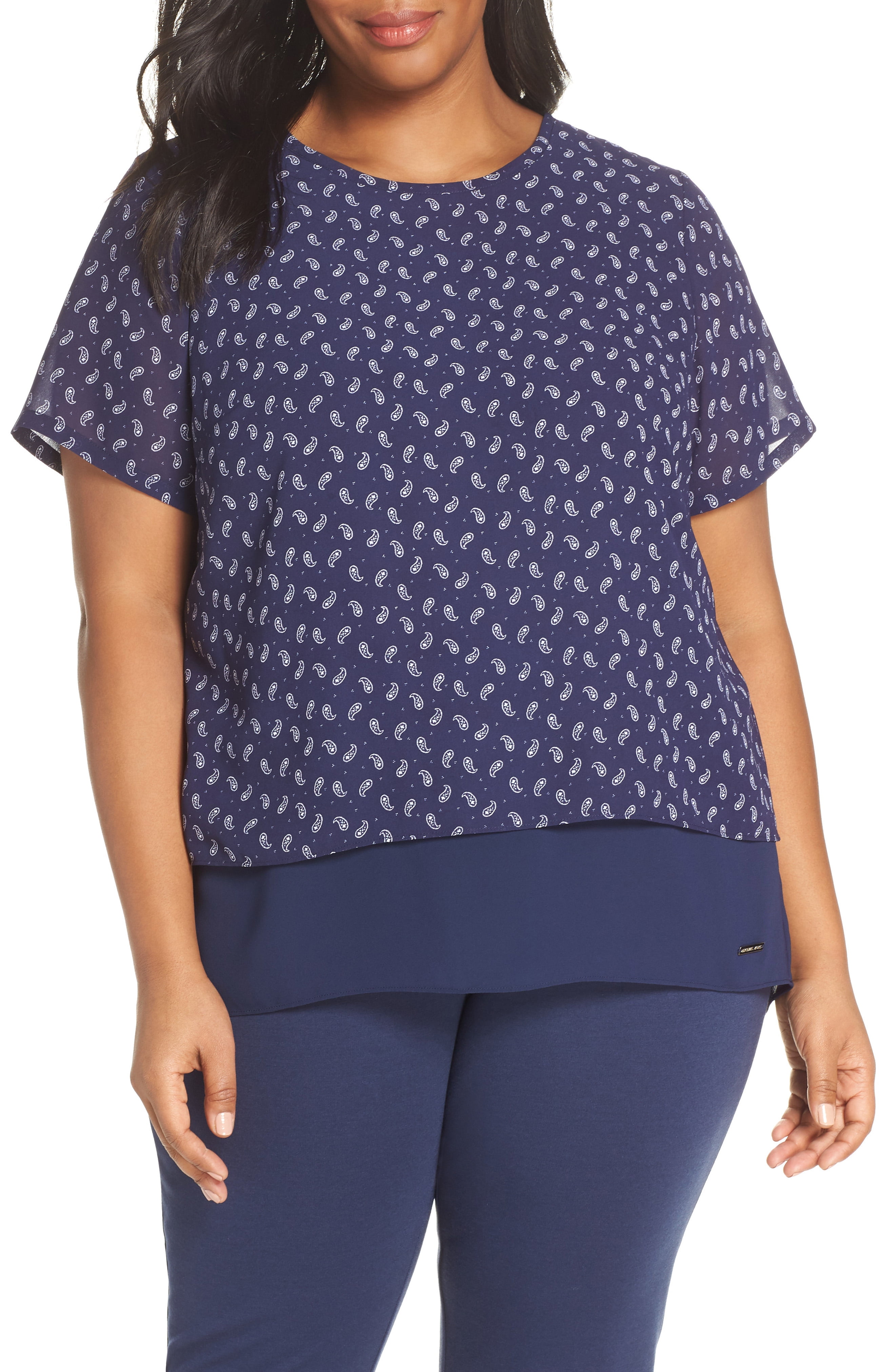 Michael Michael Kors Plus Size Printed Layered Look Top True Navy/White ...