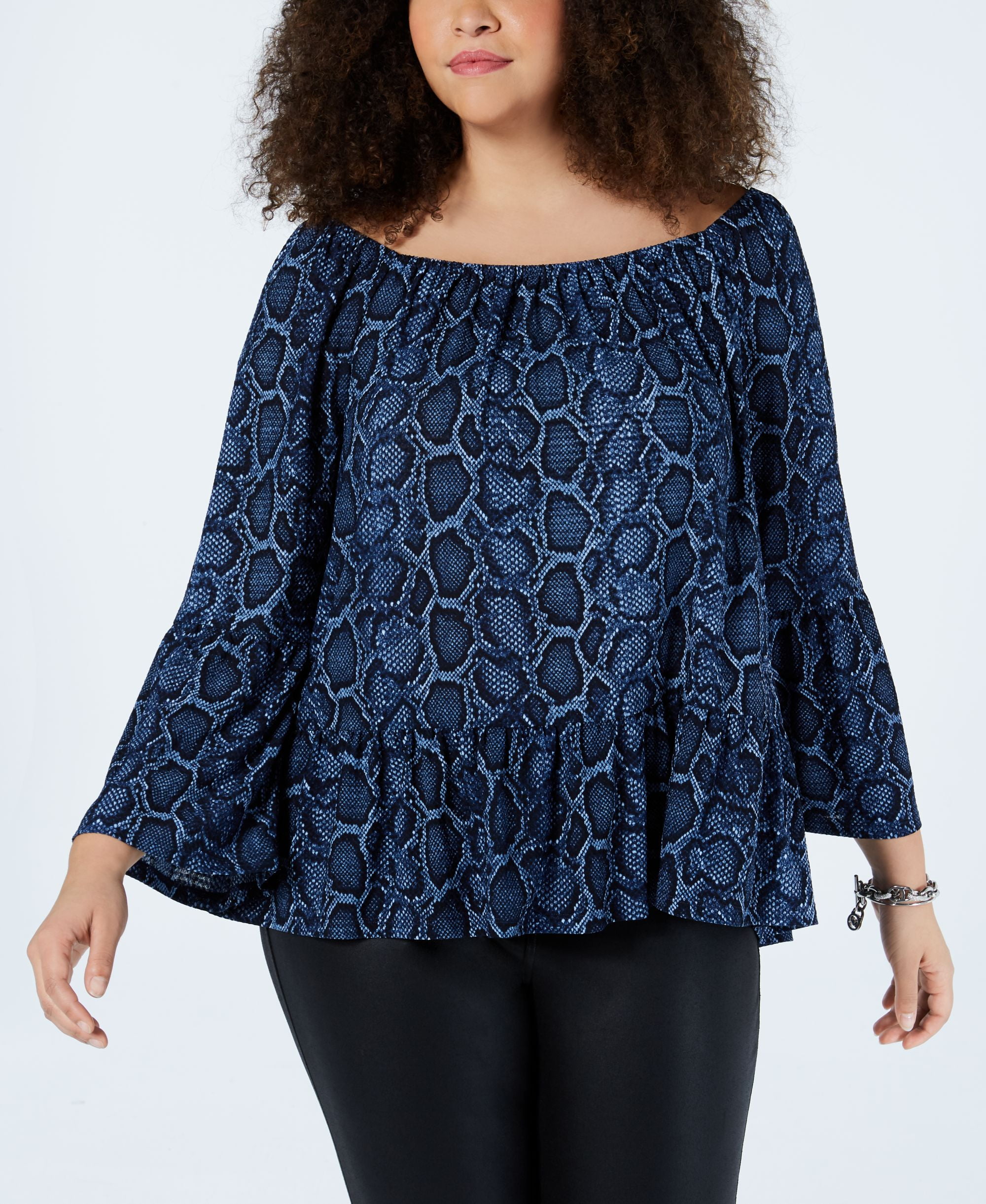 Michael Michael Kors Plus Size Snake Print Peasant Top True Navy 1X ...