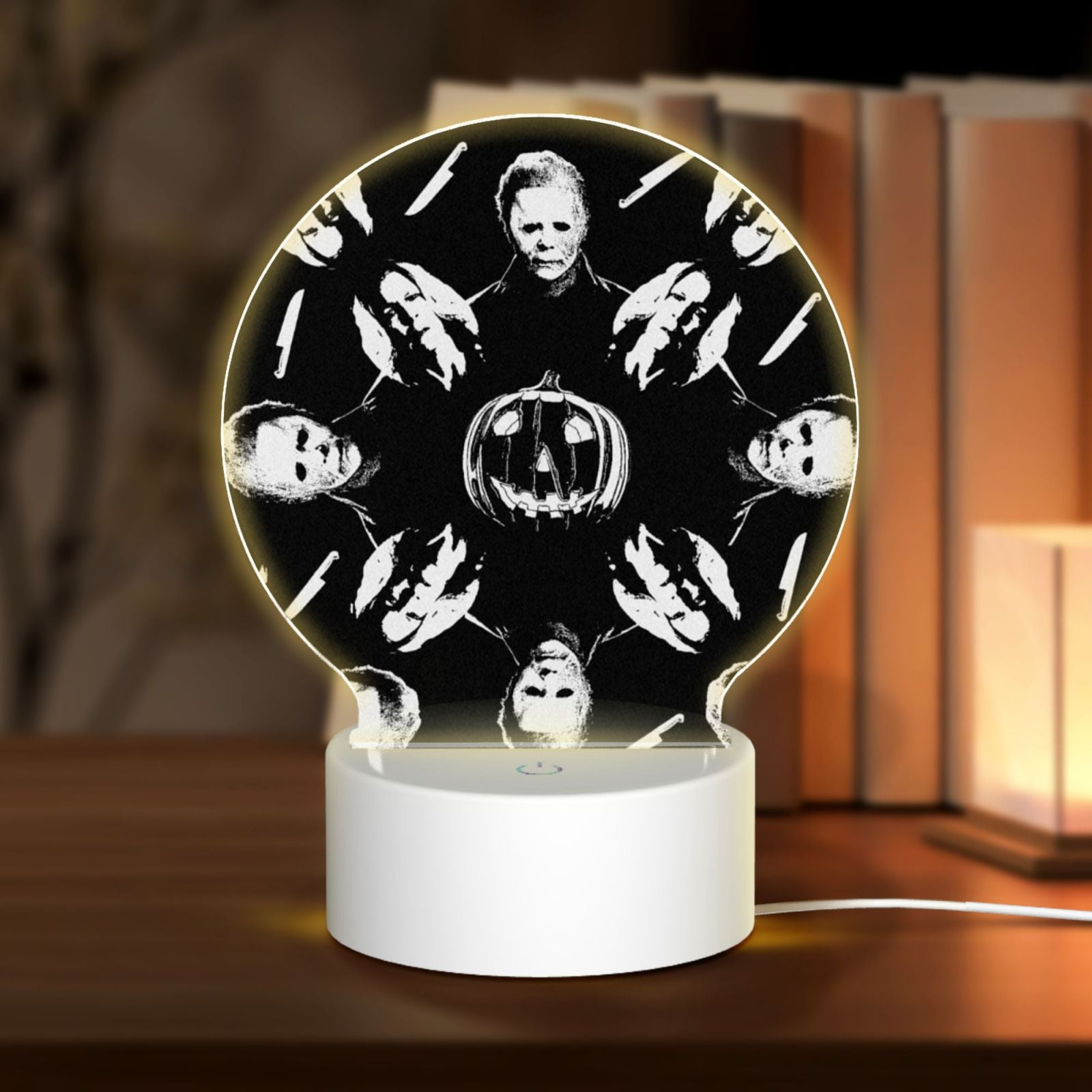 Michael Myers Pattern Round Acrylic Night Light Decoration USB Cable ...
