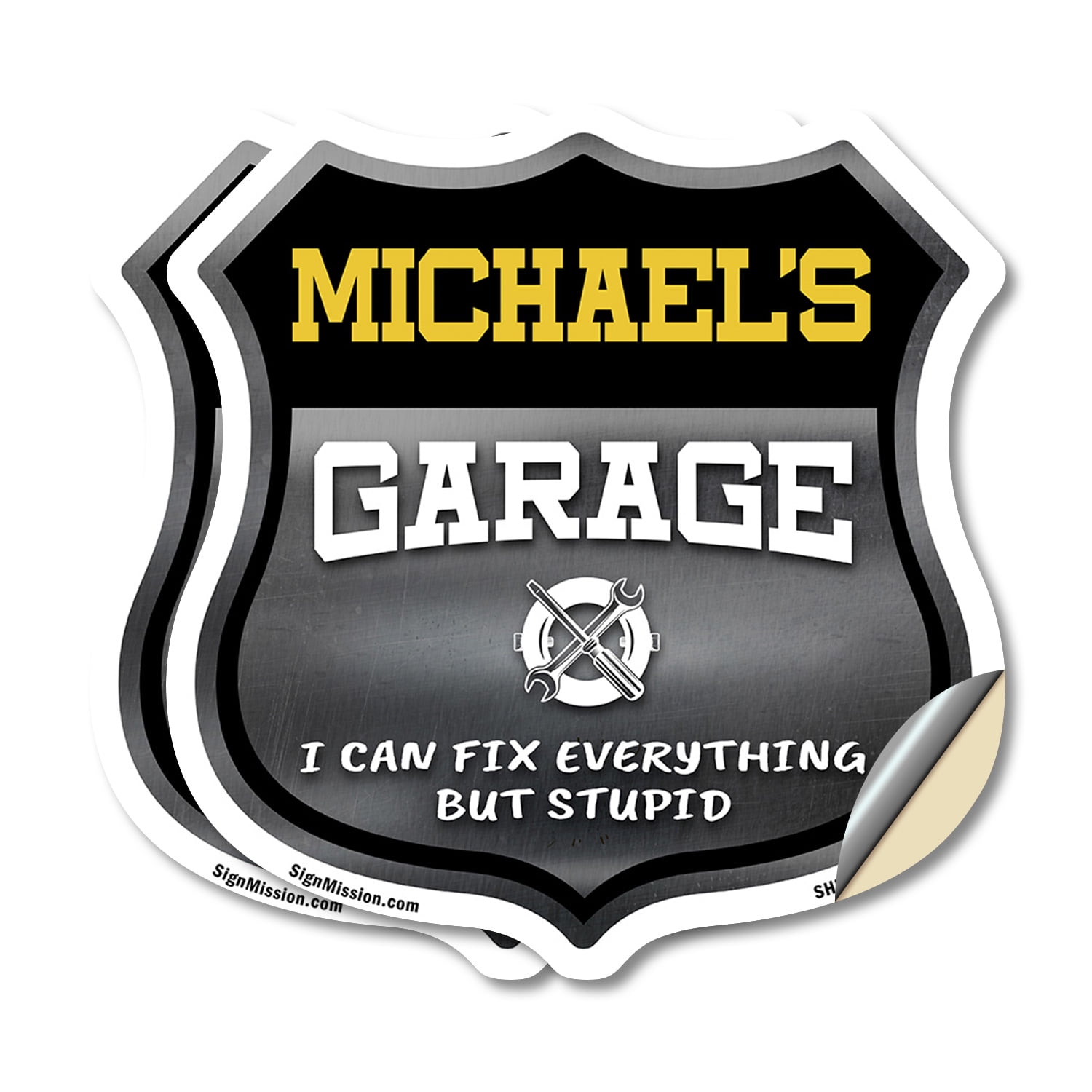 Michael's Garage I Can Fix Everything But Stupid (2 Pack) 12 inch X 12 inch Shield Shaped Heavy ...