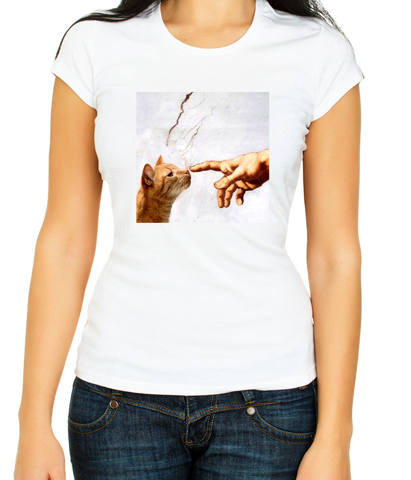 Michelangelo Creation of Adam Hands Cat 3/4 Short sleeve Woman T Shirt ...