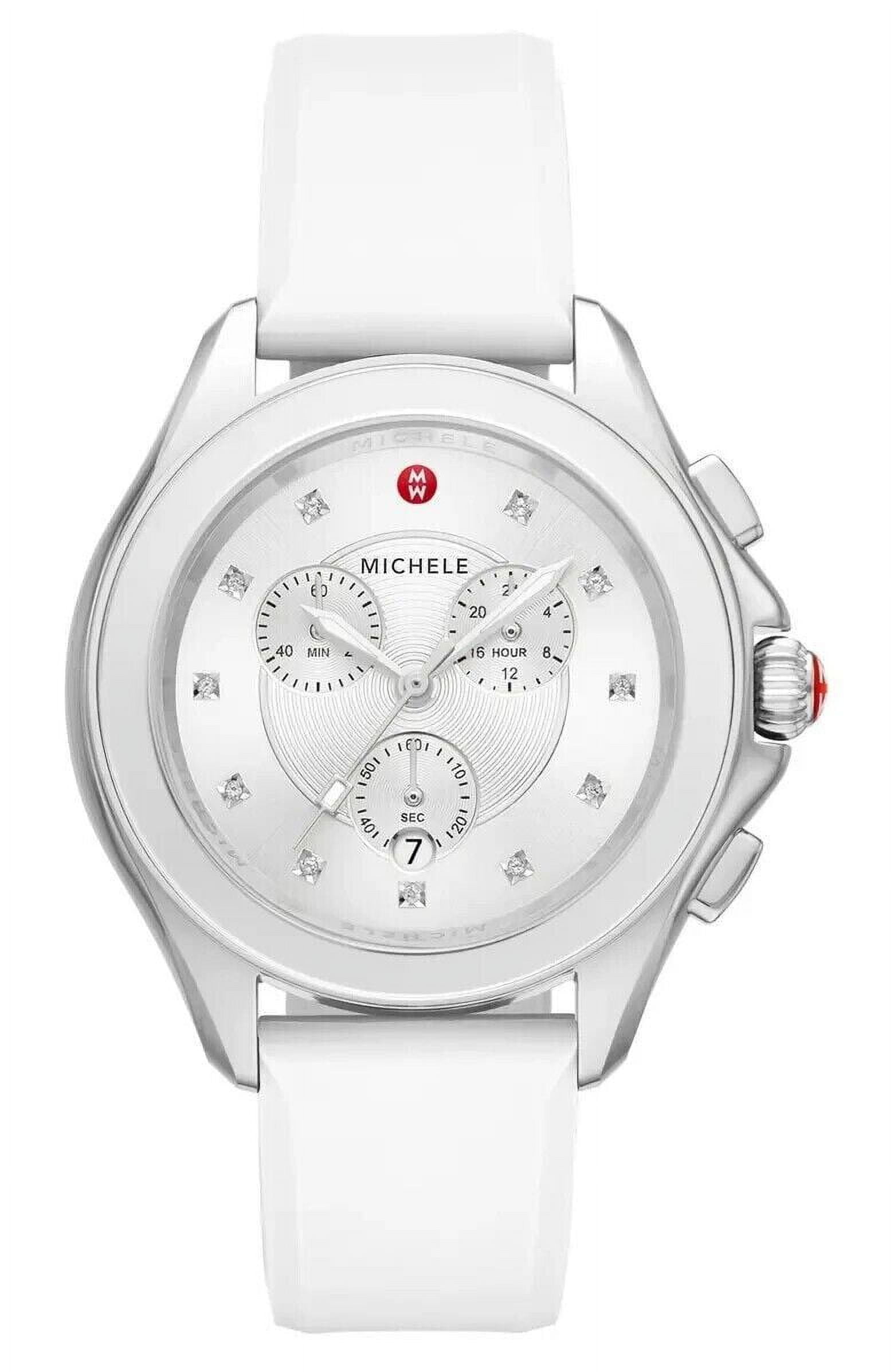 Michele Wrist Watch, Silver Tone Chronograph Dial, White Silicone Band ...