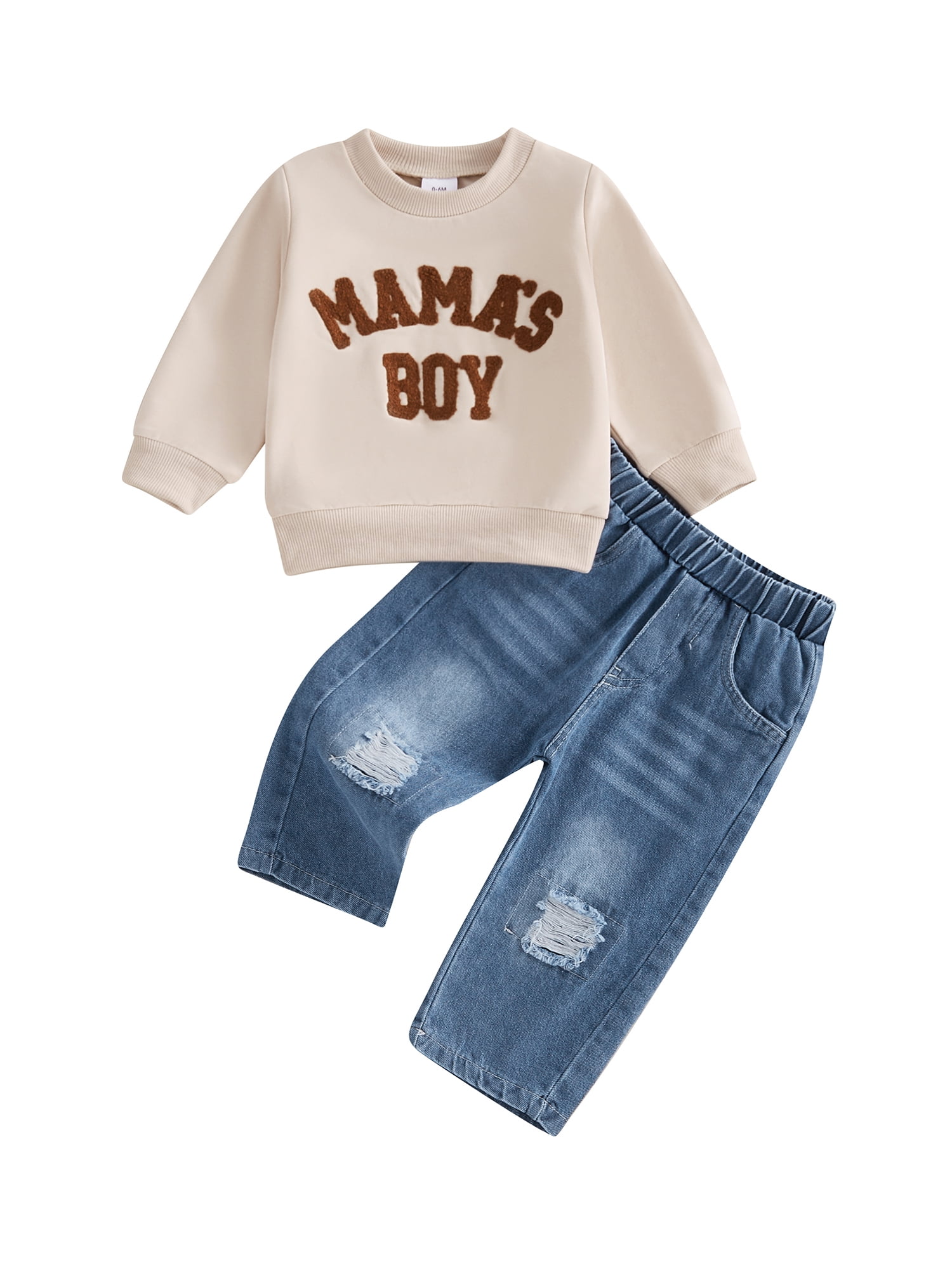 Michellecmm Baby Boy Fall Outfit Letter Embroidery Sweatshirt and Ripped Jeans - Walmart.com