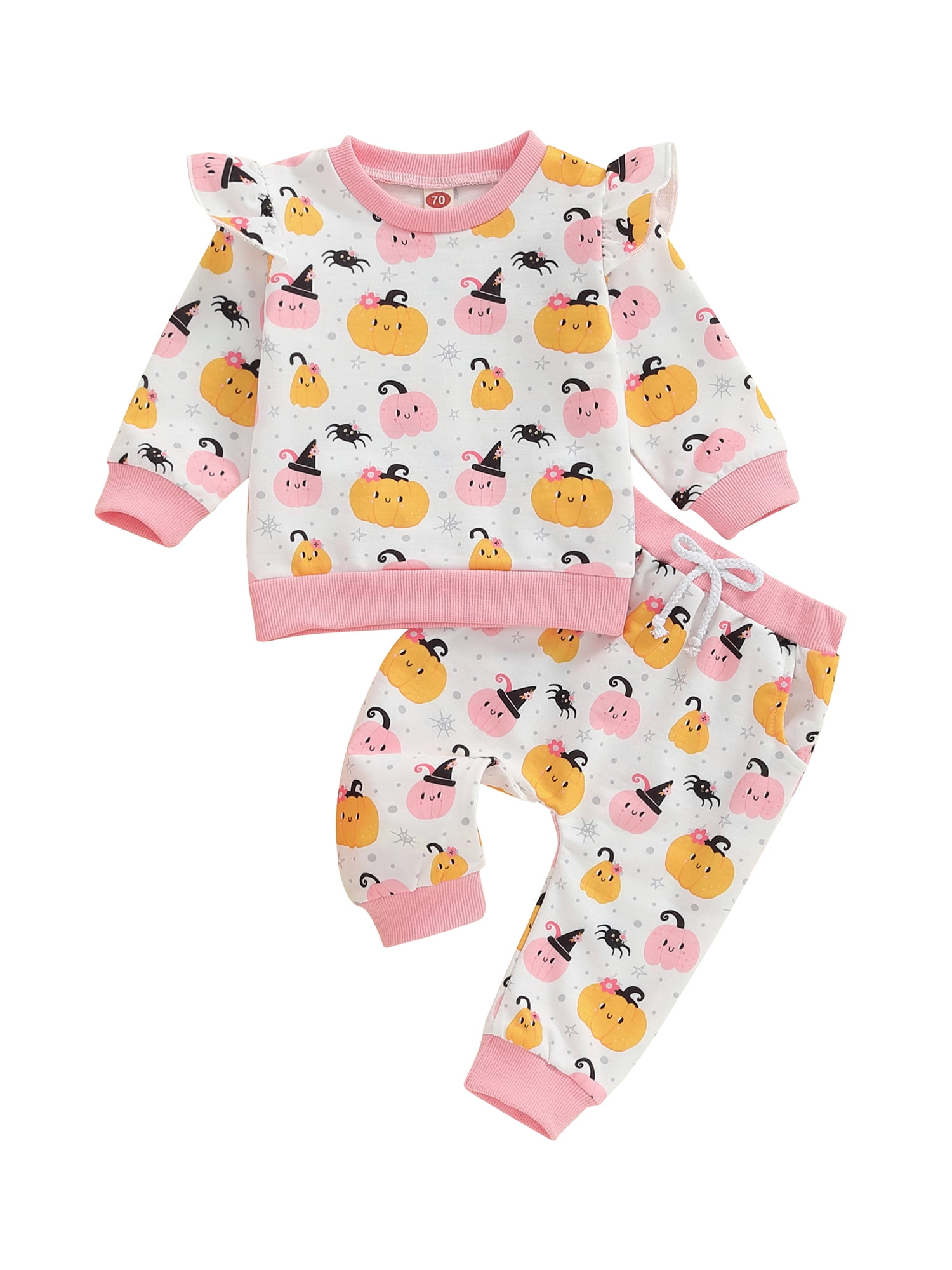 Michellecmm Baby Girl Halloween Outfit, Pumpkin Print Long Sleeve Tops Elastic Waist Pants 2 ...